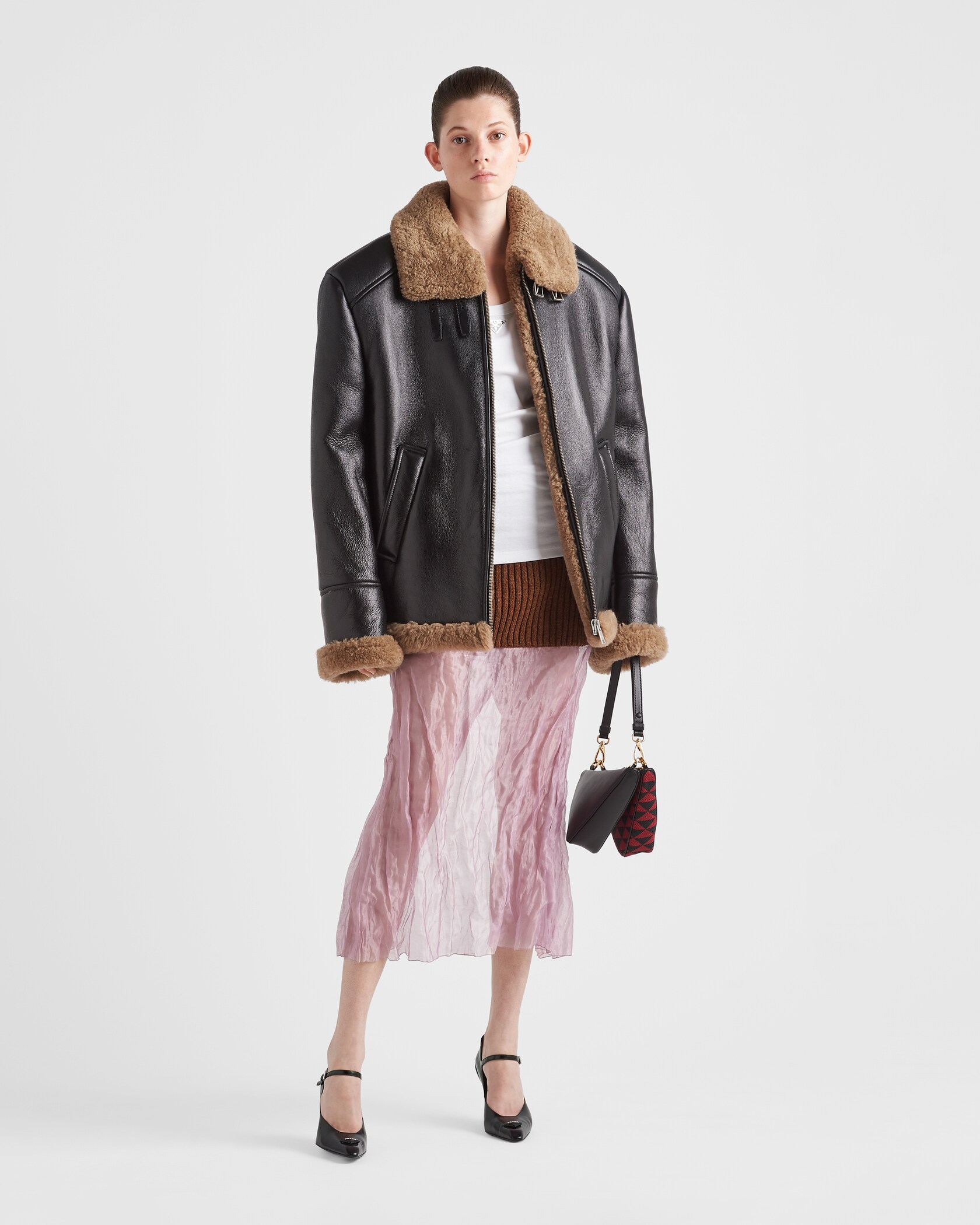 Black/maple Brown Oversized Shearling Jacket | PRADA