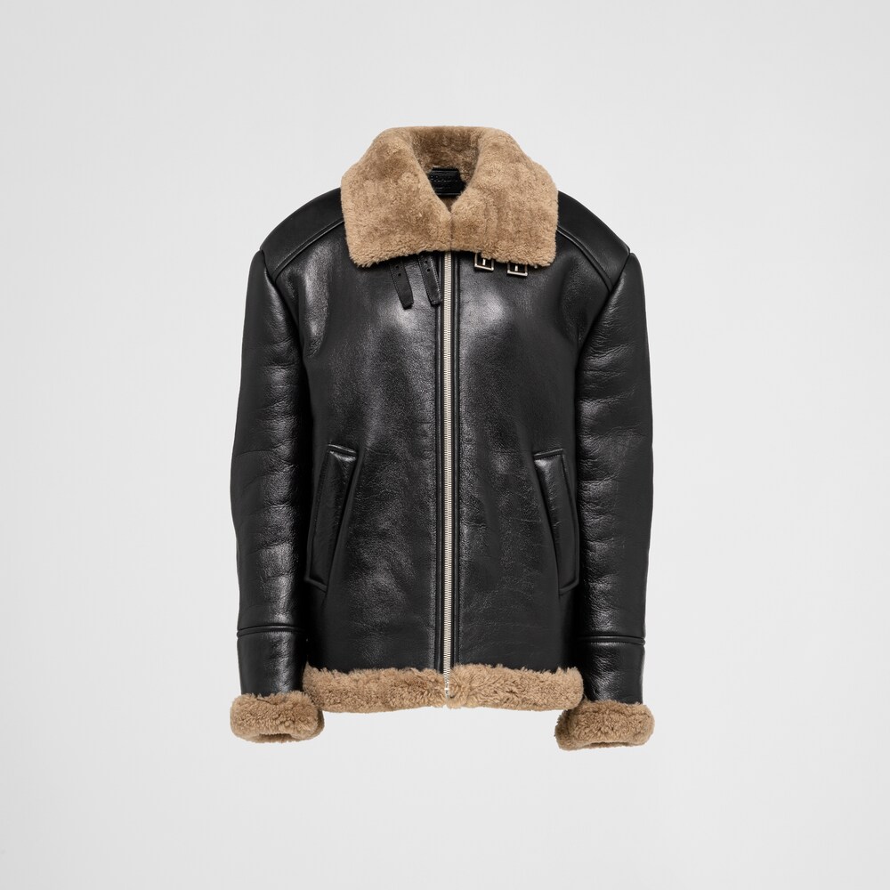 Black/maple Brown Oversized shearling jacket | Prada