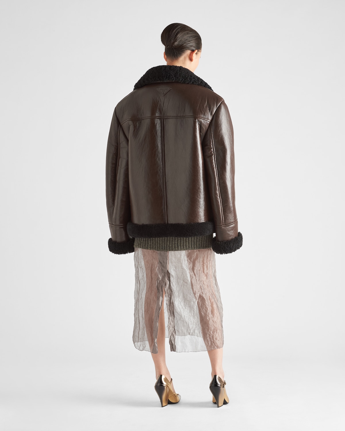 Coffee/black Oversized Shearling Jacket | PRADA