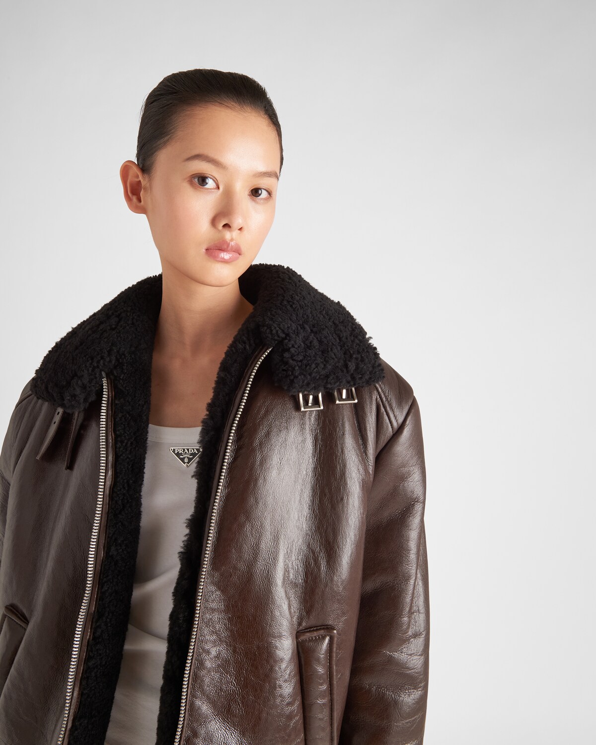 Coffee/black Oversized Shearling Jacket | PRADA