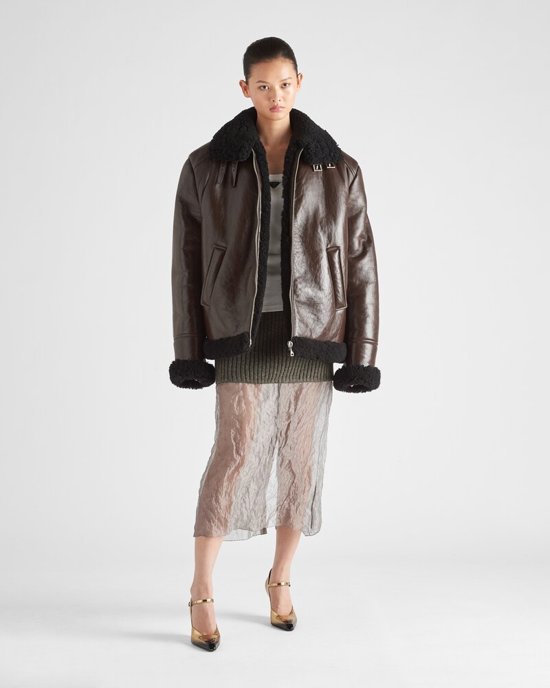 Coffee/black Oversized Shearling Jacket | PRADA