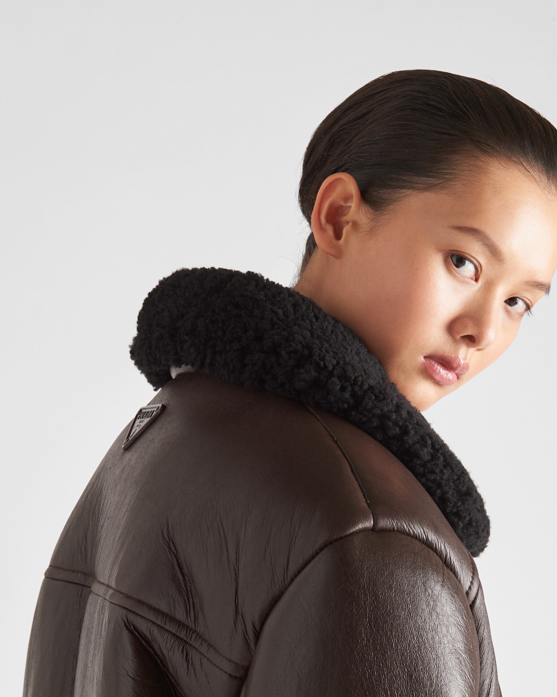 Coffee/black Oversized Shearling Jacket | PRADA