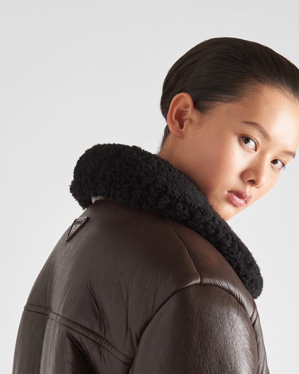 Coffee/black Oversized Shearling Jacket | PRADA