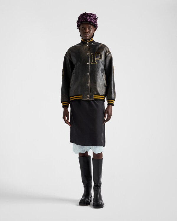 Black Leather Bomber Jacket With Patch | PRADA