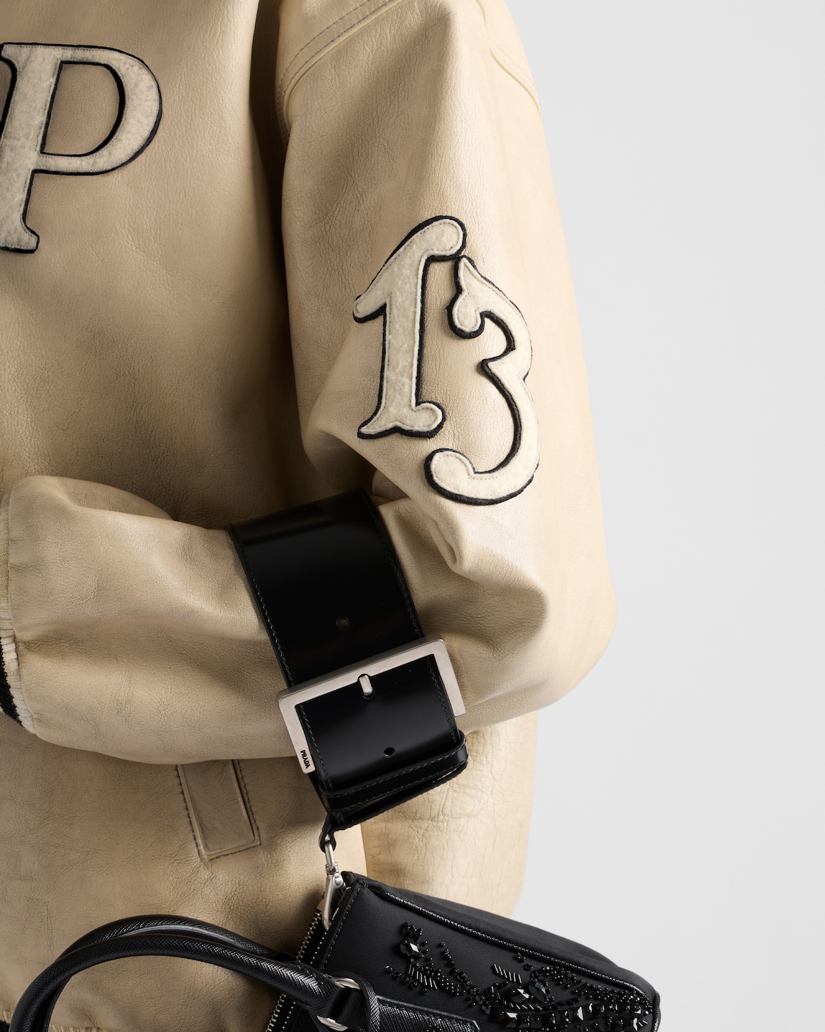 Ivory Leather Bomber Jacket With Patch | PRADA