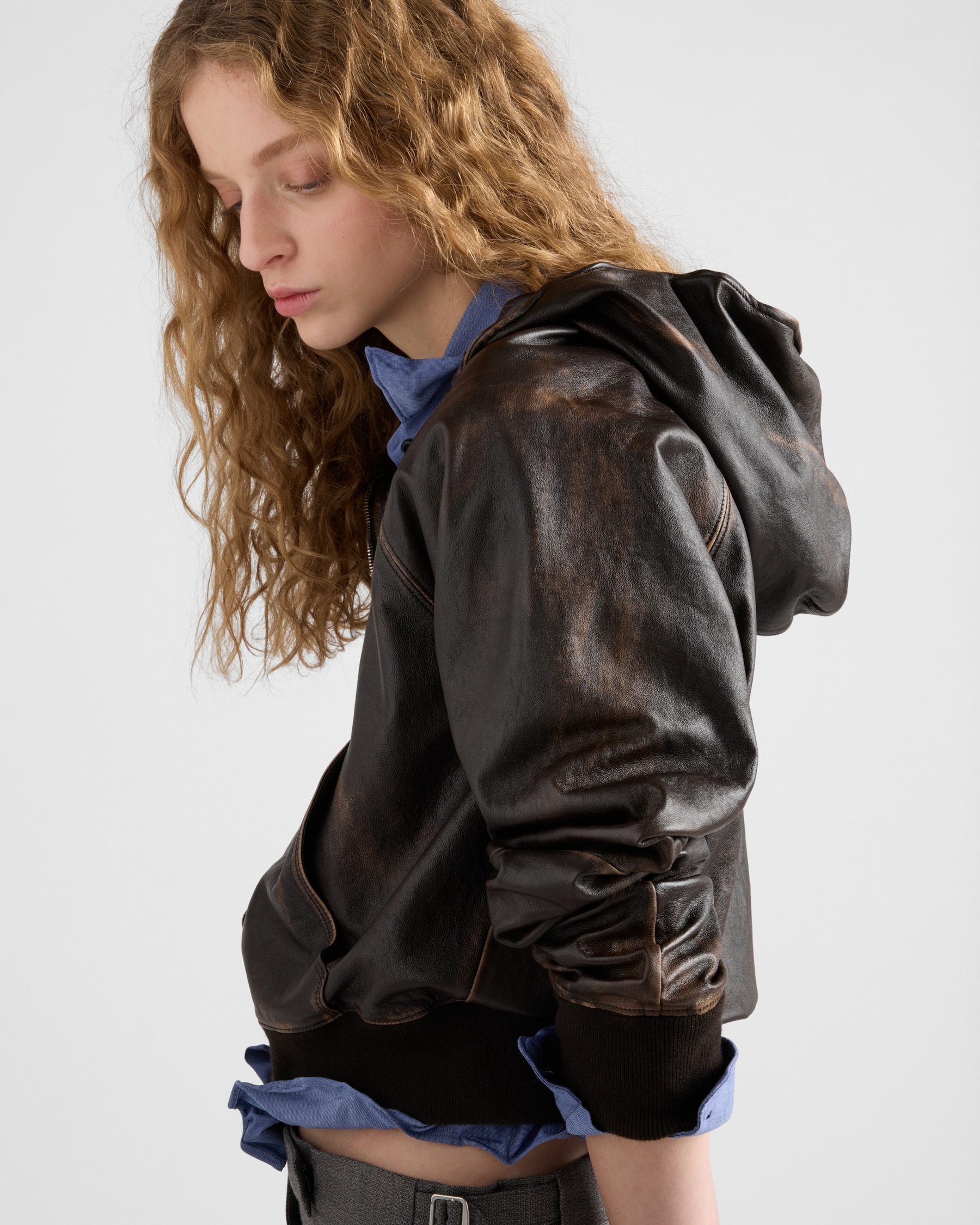 Dark Brown Nappa Leather Hoodie Jacket | PRADA