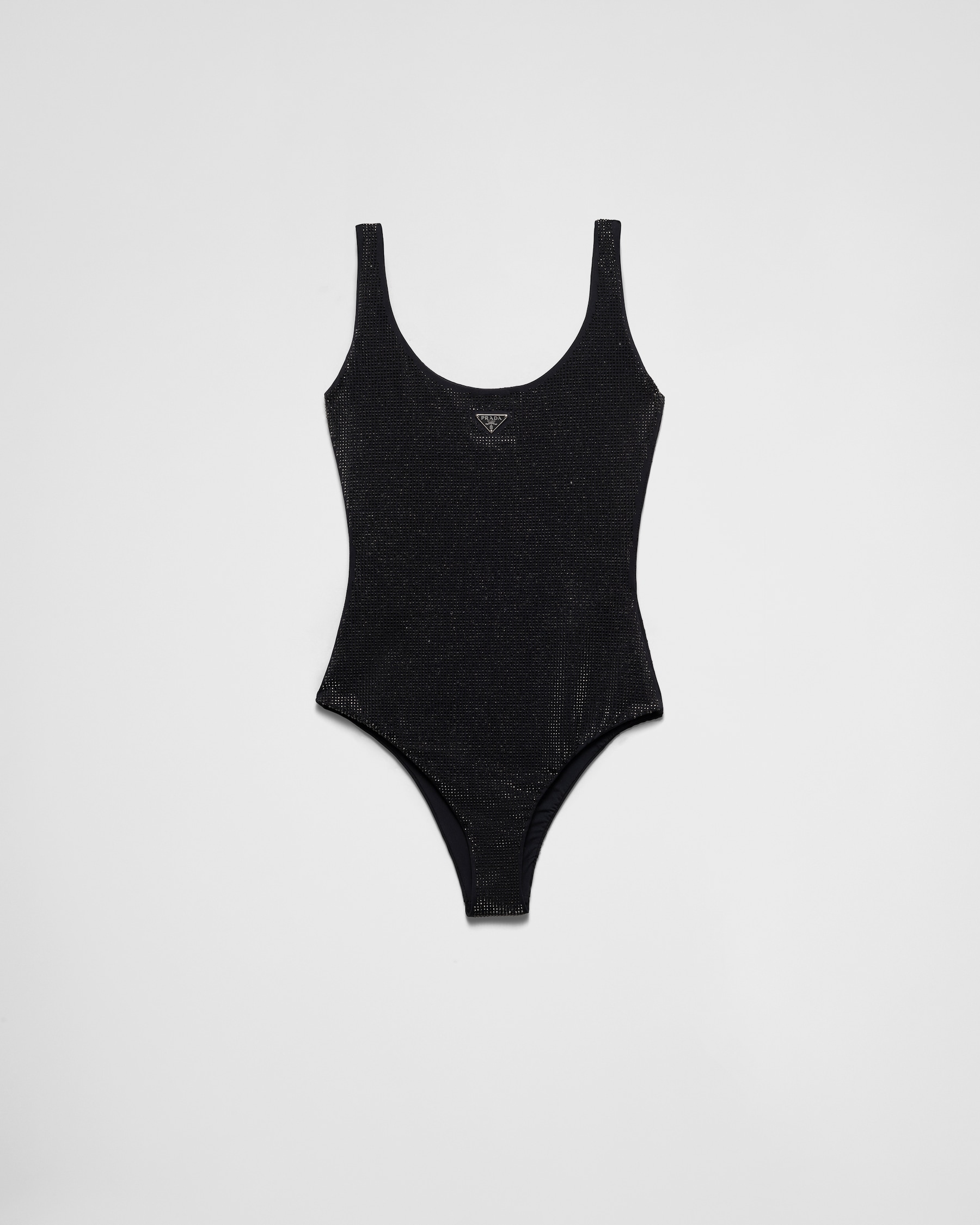 Black/fume Jersey One-piece Swimsuit With Rhinestones | PRADA
