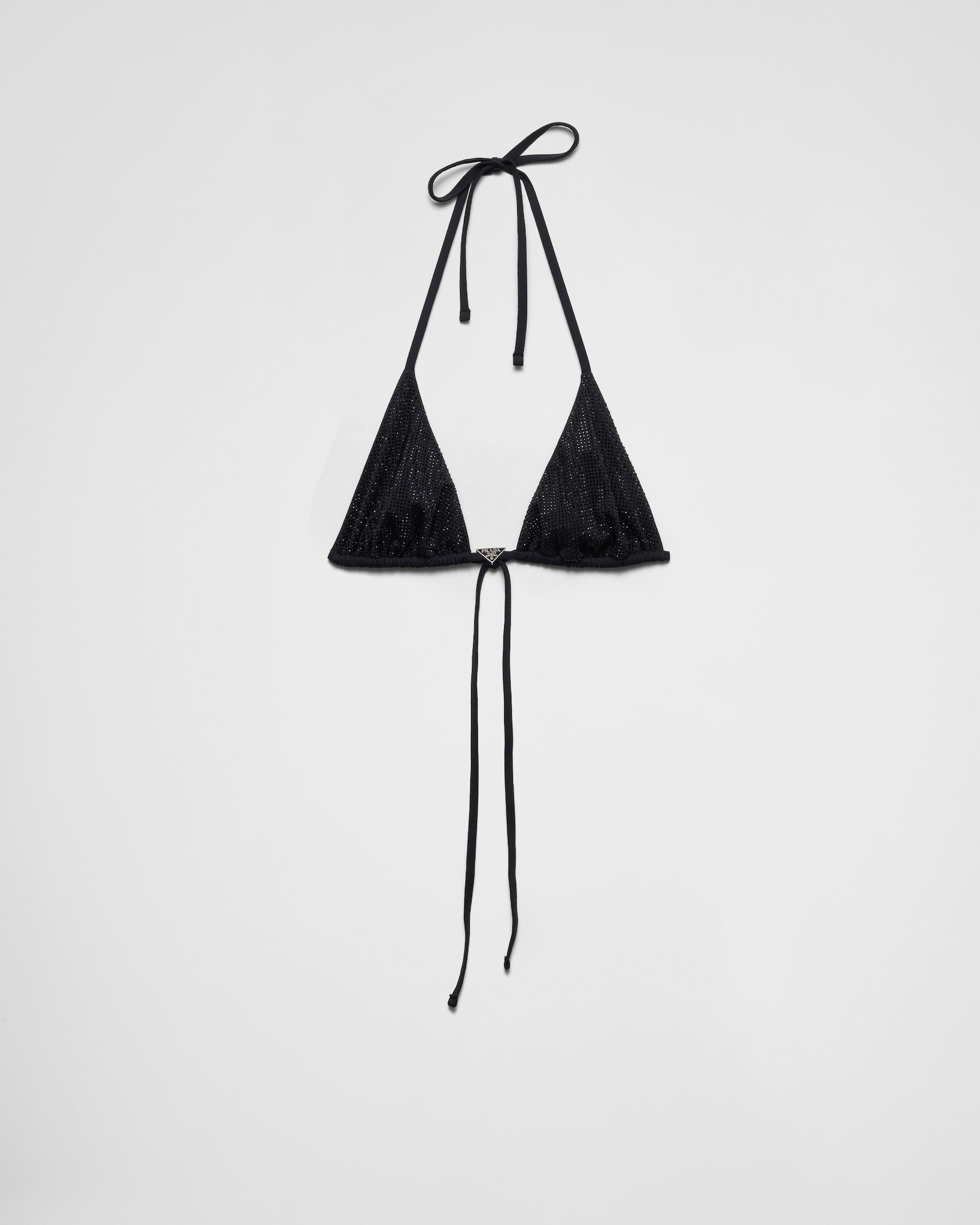 Black/fume Jersey Triangle Bikini Top With Rhinestones | PRADA