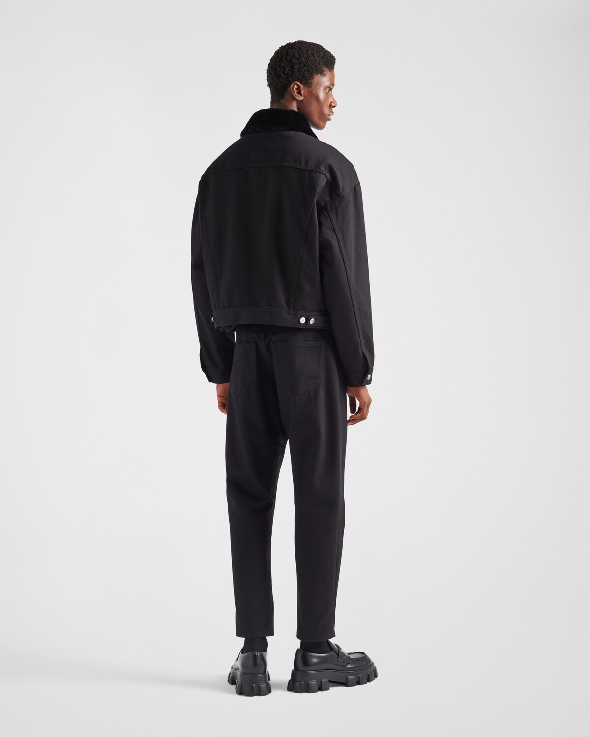 Black Padded Bull Denim Blouson Jacket With Shearling Lining | PRADA