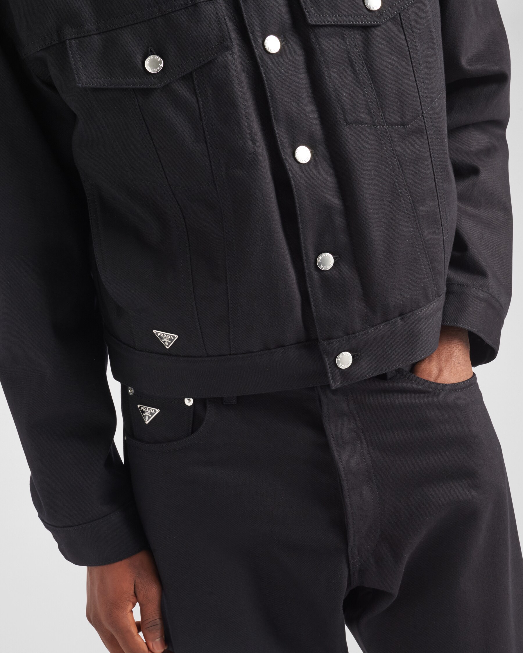 Black Padded Bull Denim Blouson Jacket With Shearling Lining | PRADA