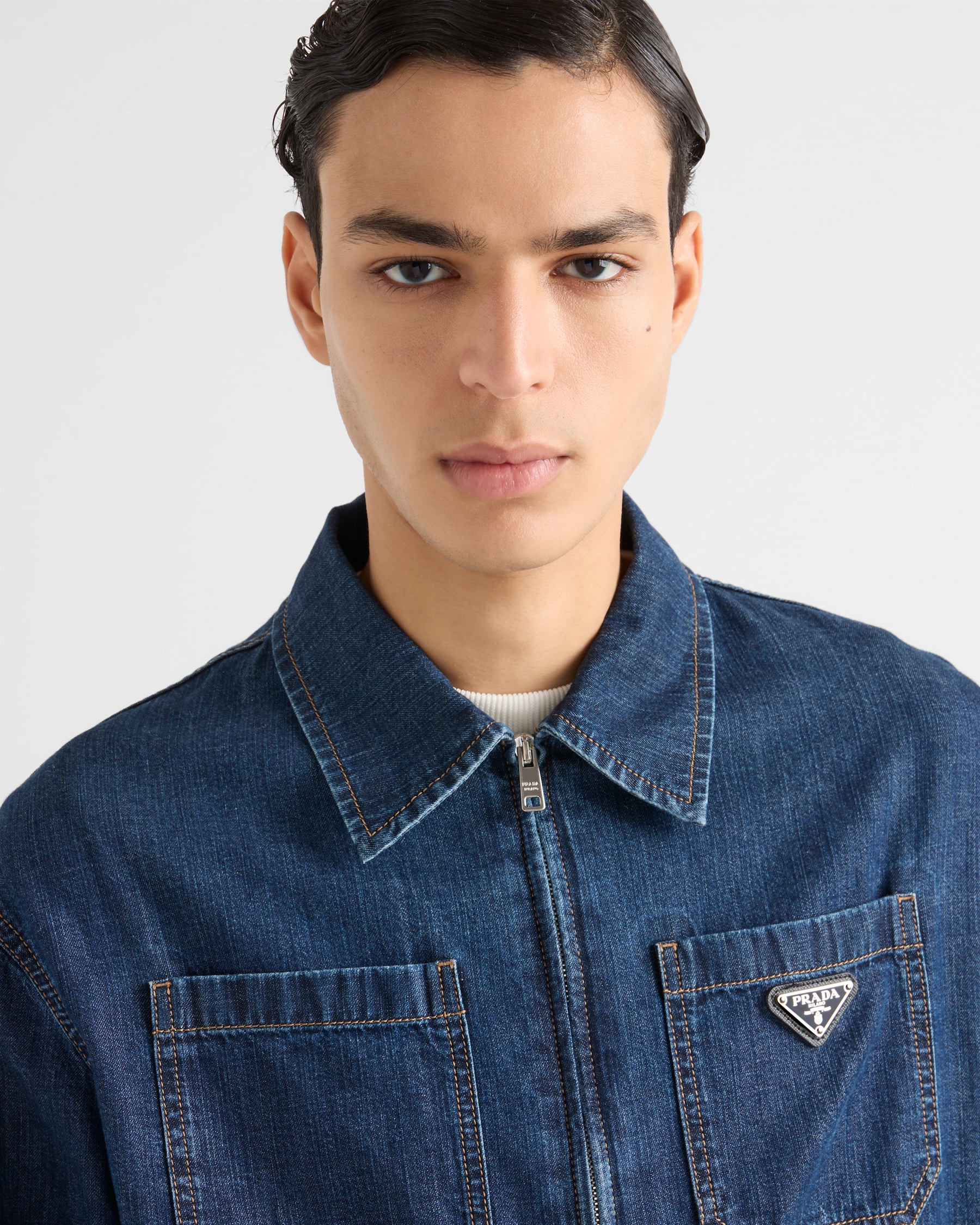 Navy Light Denim Zipper Jacket | PRADA