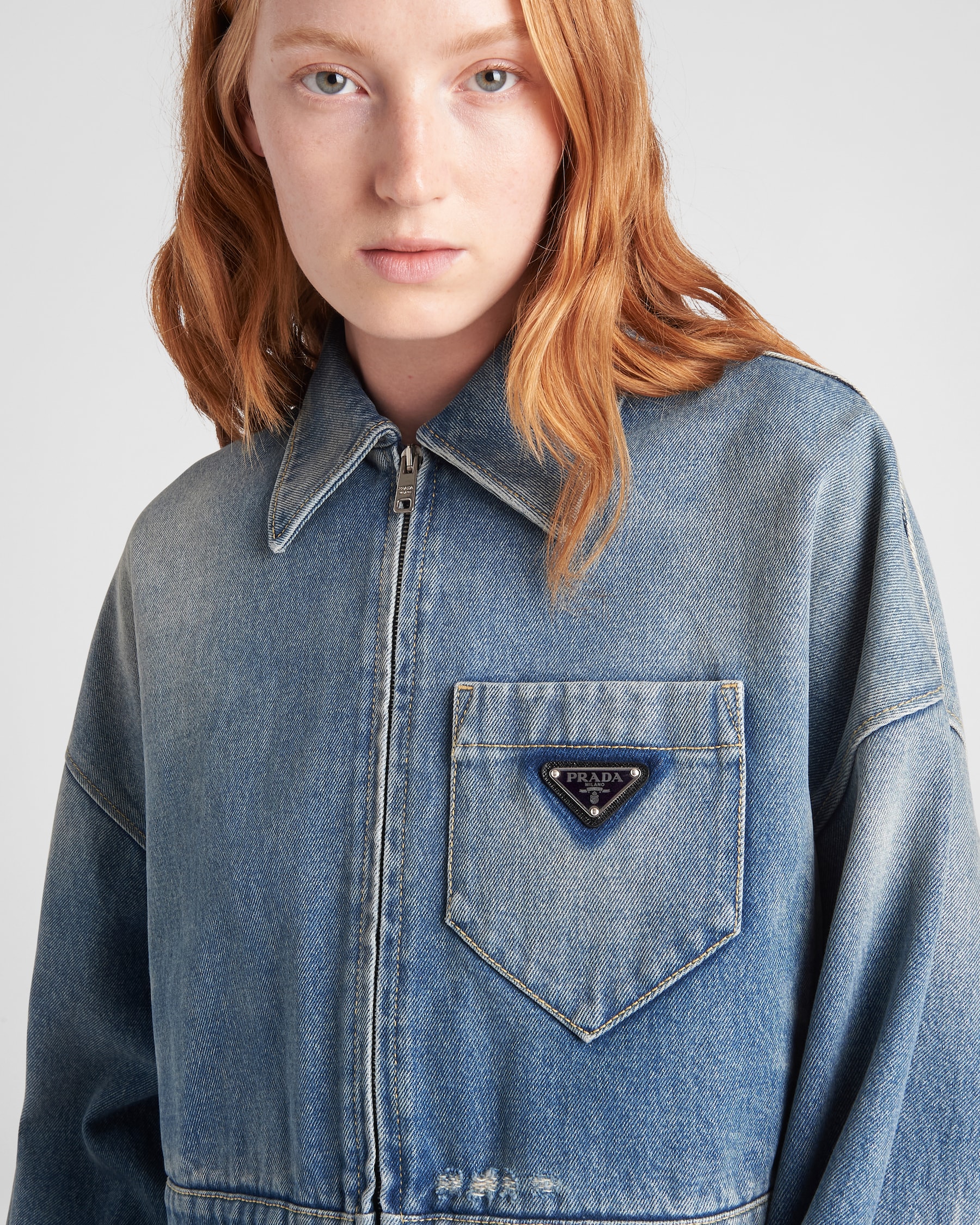 Mid Blue Cropped Organic Denim Jacket | PRADA
