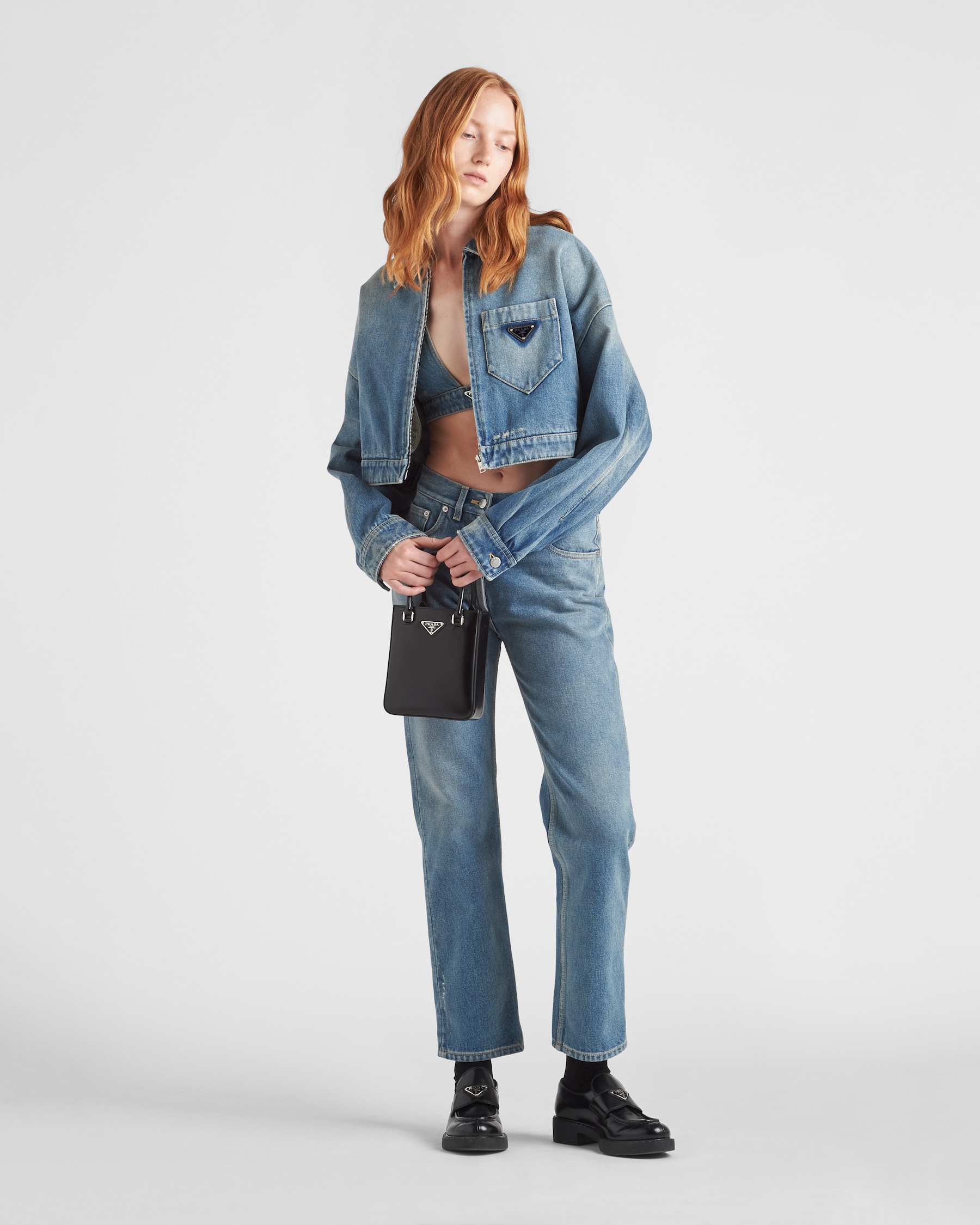 Navy Cropped Organic Denim Jacket | PRADA
