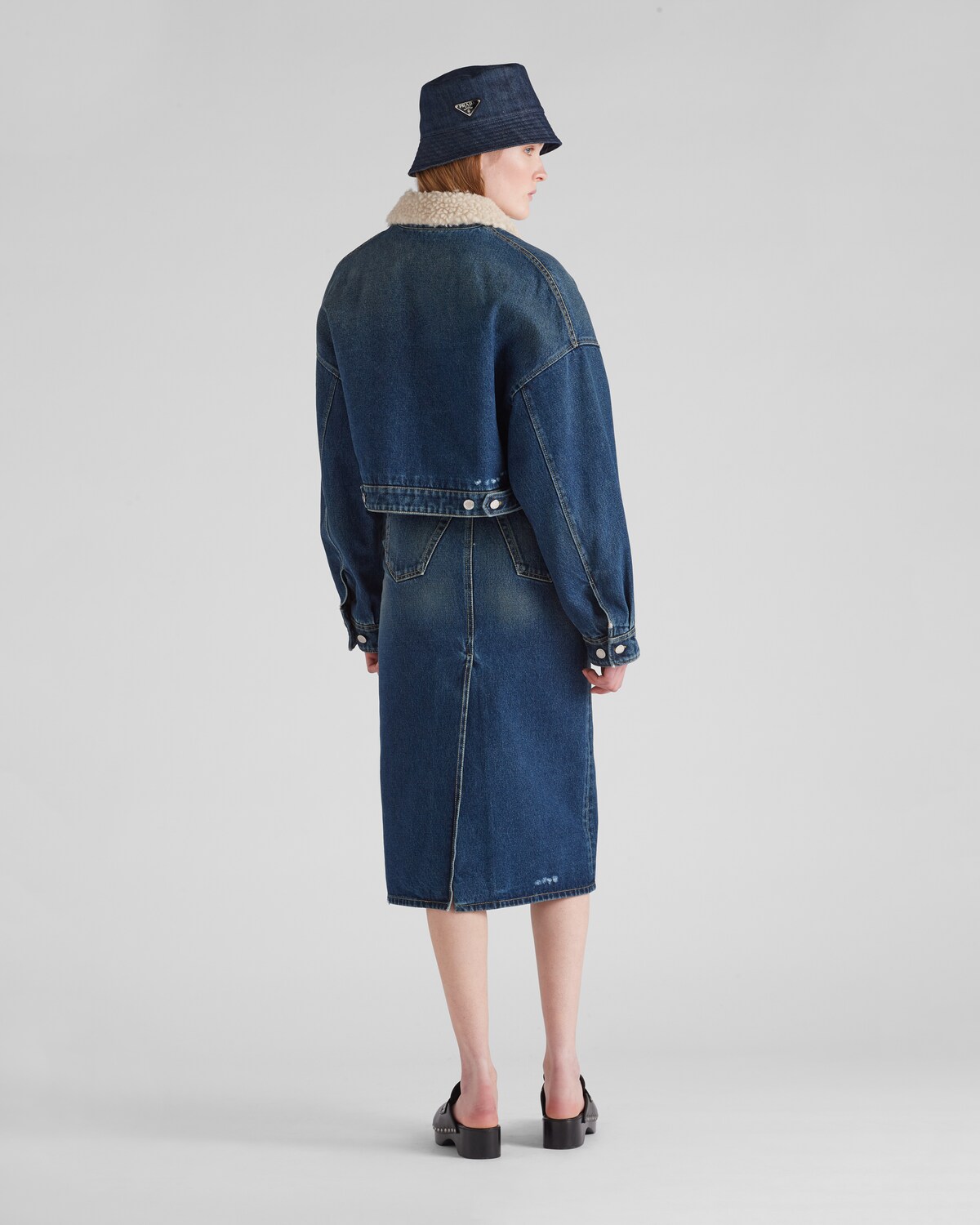 Navy Cropped Padded Denim Jacket | PRADA
