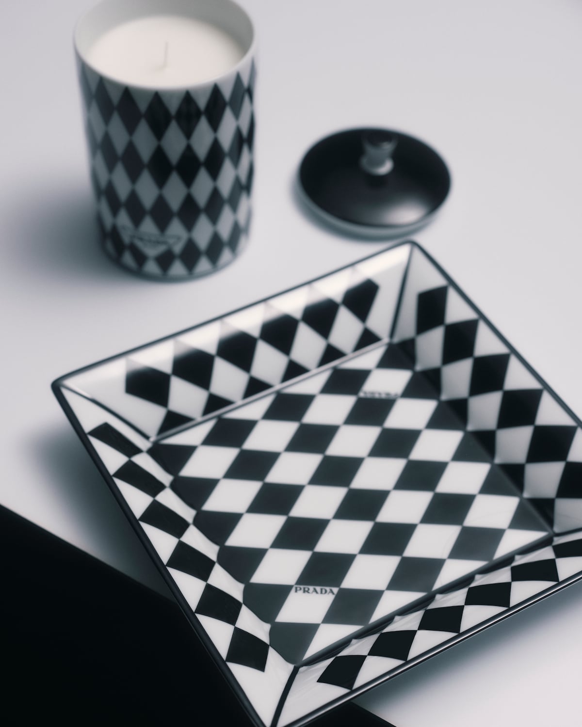 White/black Large square porcelain catchall tray - Checkerboard | PRADA