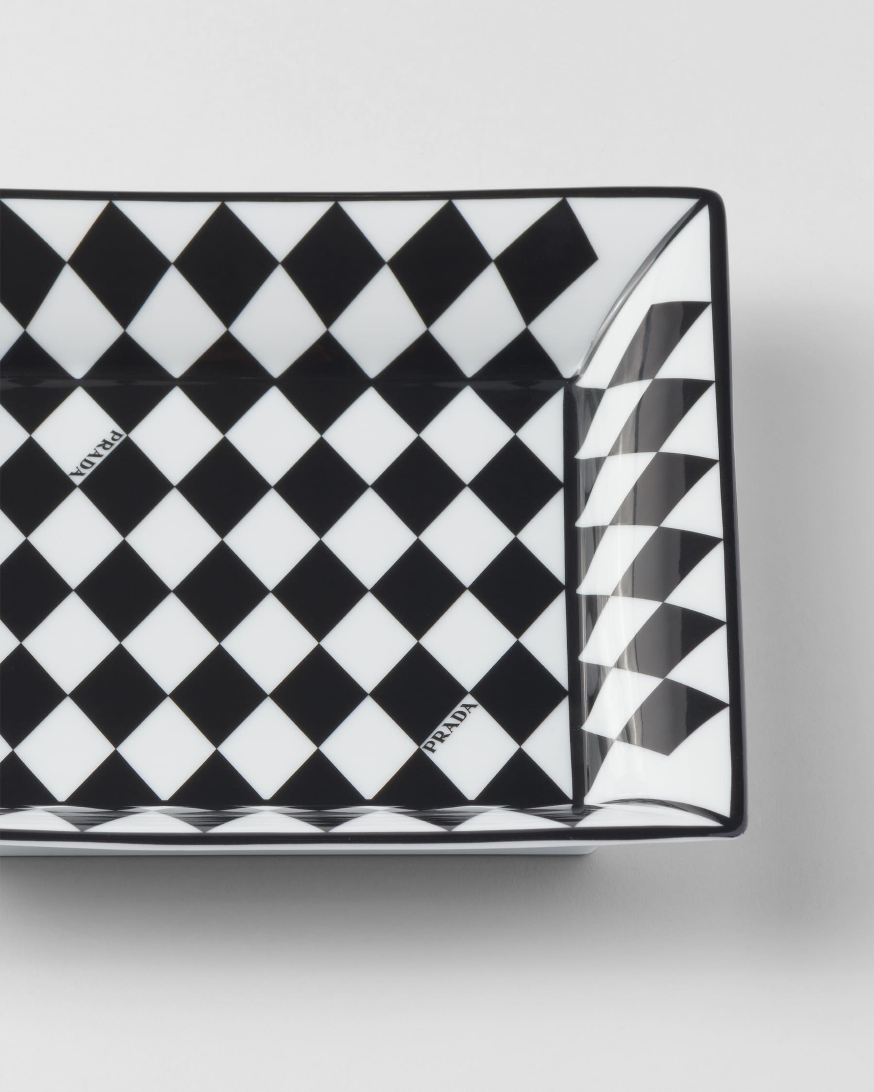 White/black Large square porcelain catchall tray - Checkerboard | PRADA