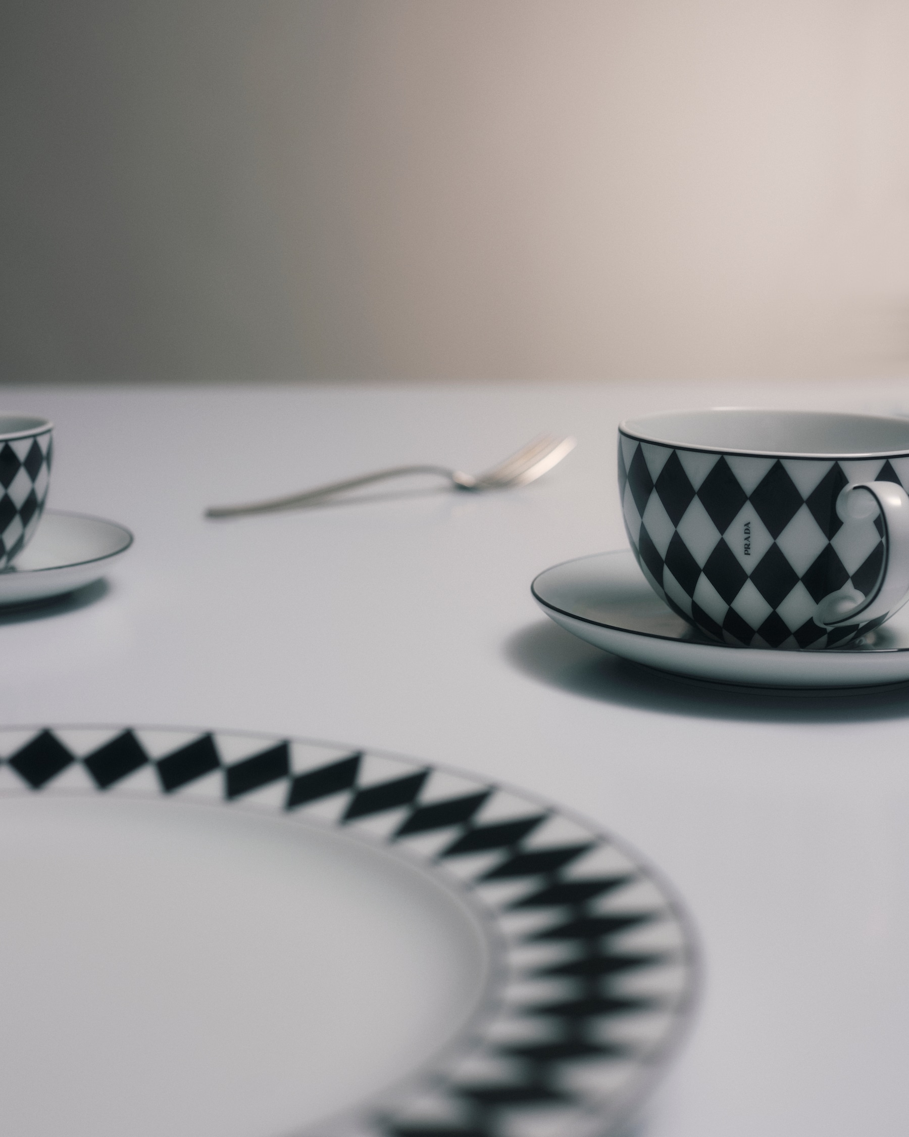 White/black Set of two porcelain cappuccino cups - Checkerboard | PRADA