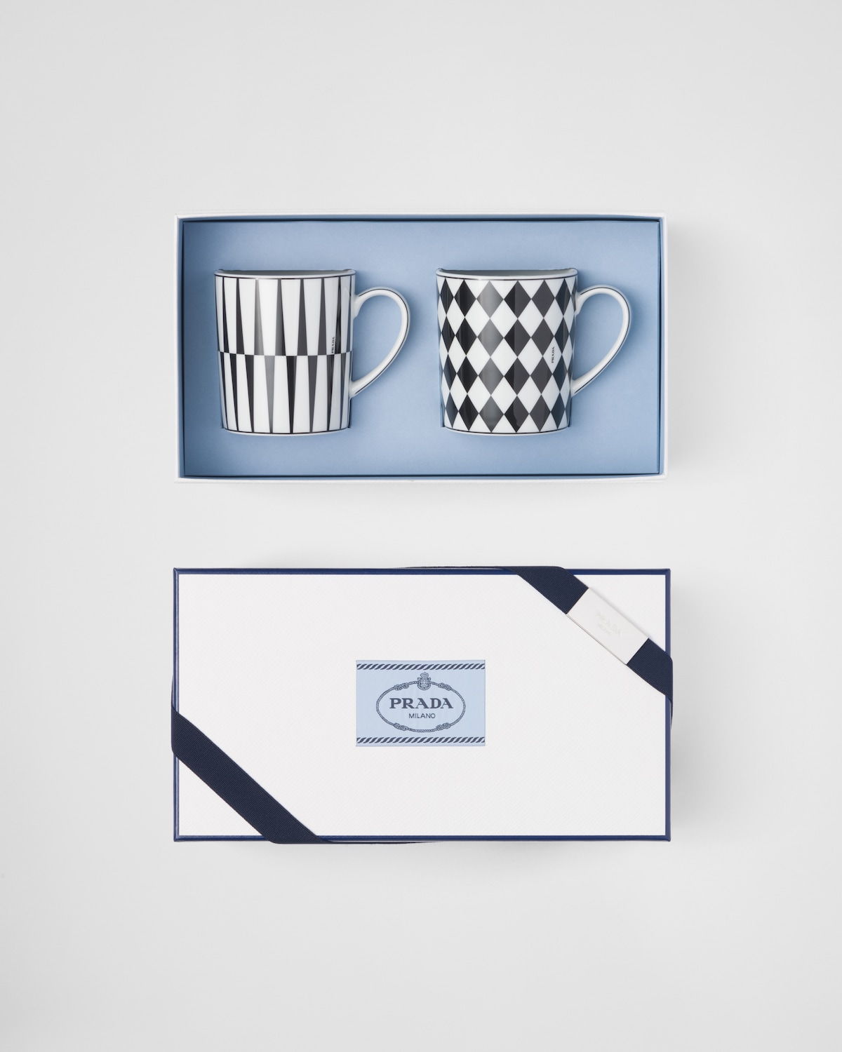 White/black Set of two porcelain mugs - Checkerboard and Stripes | PRADA