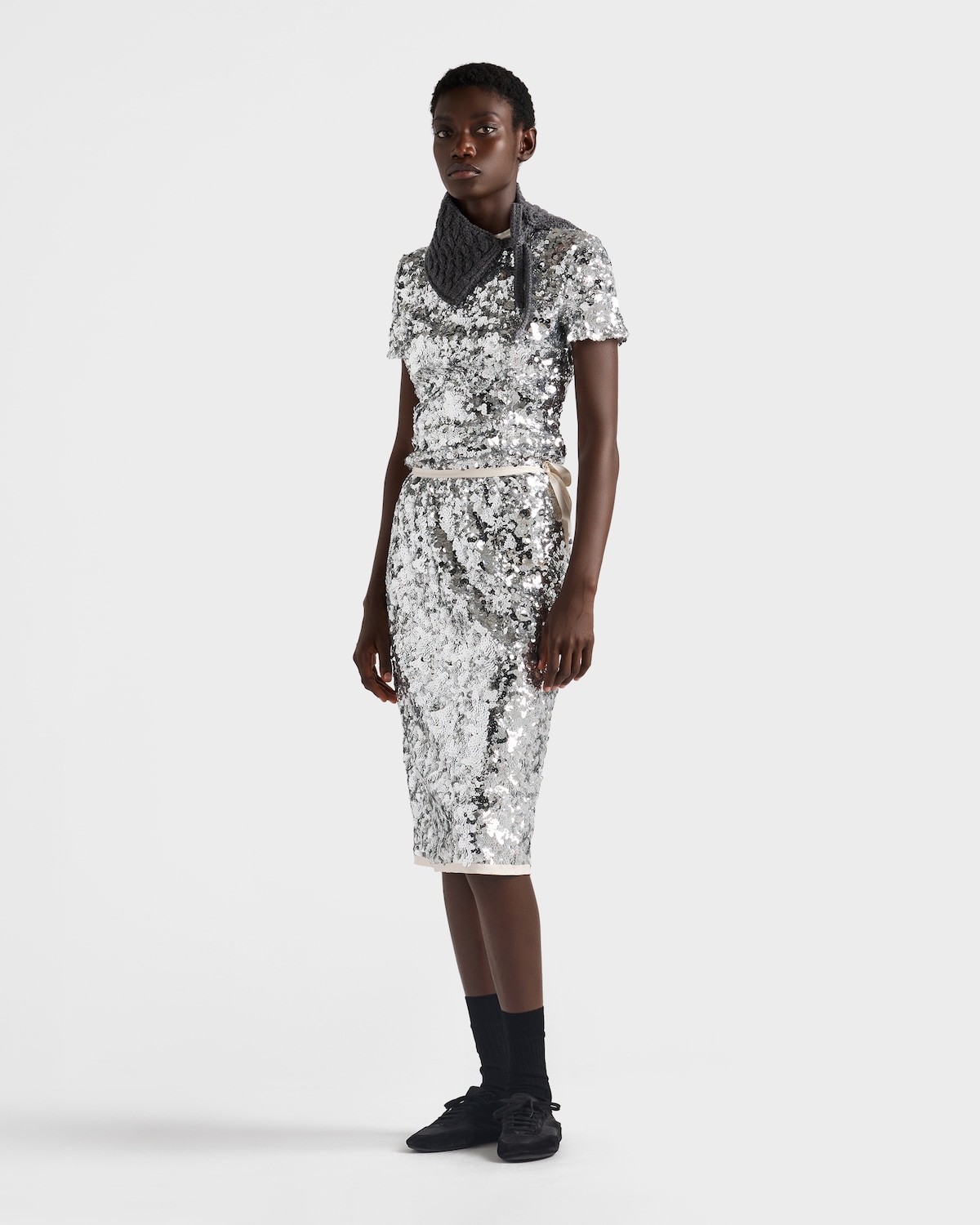 Silver Embroidered Sequin Skirt | PRADA