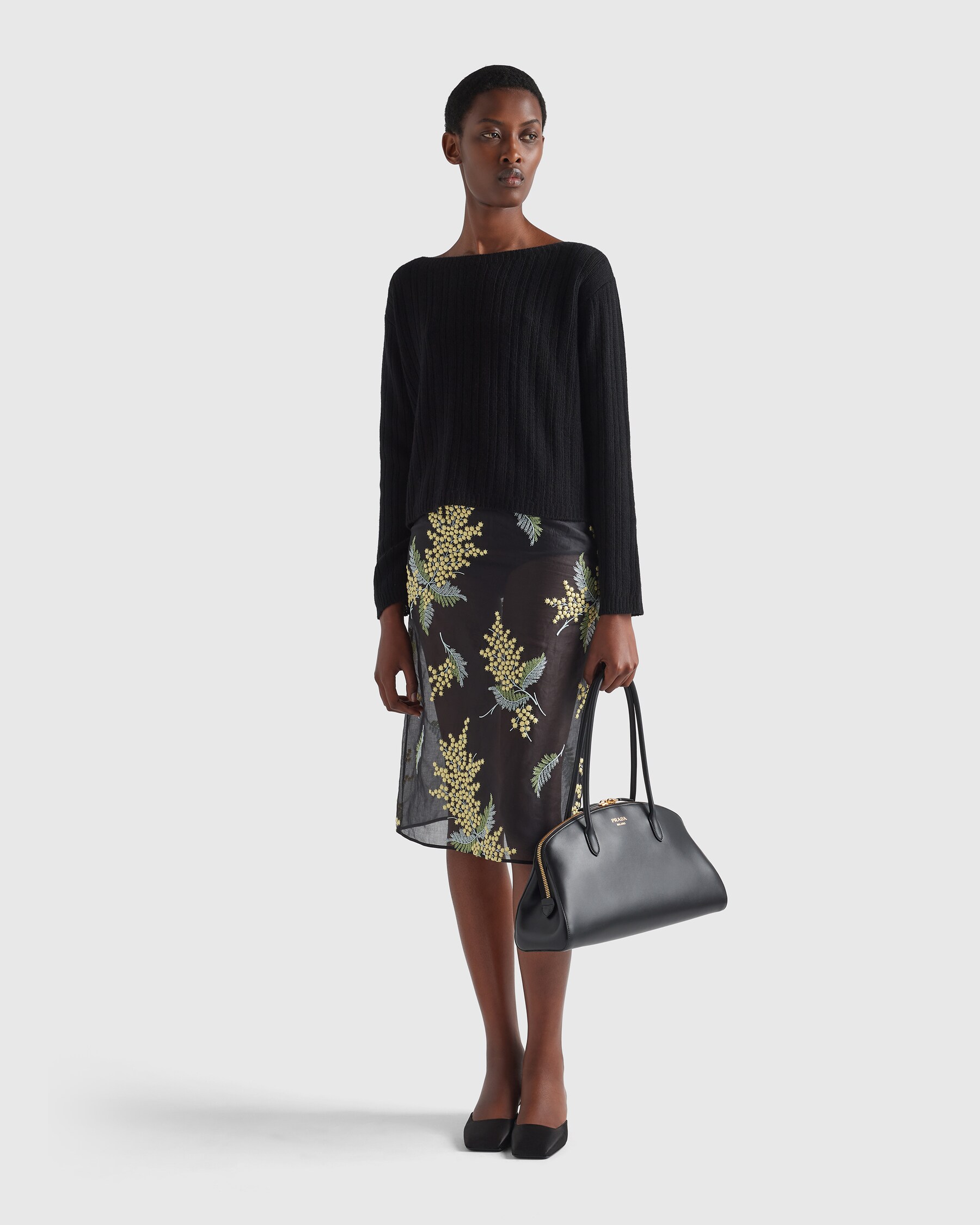 Black Embroidered Organza Midi-skirt | PRADA