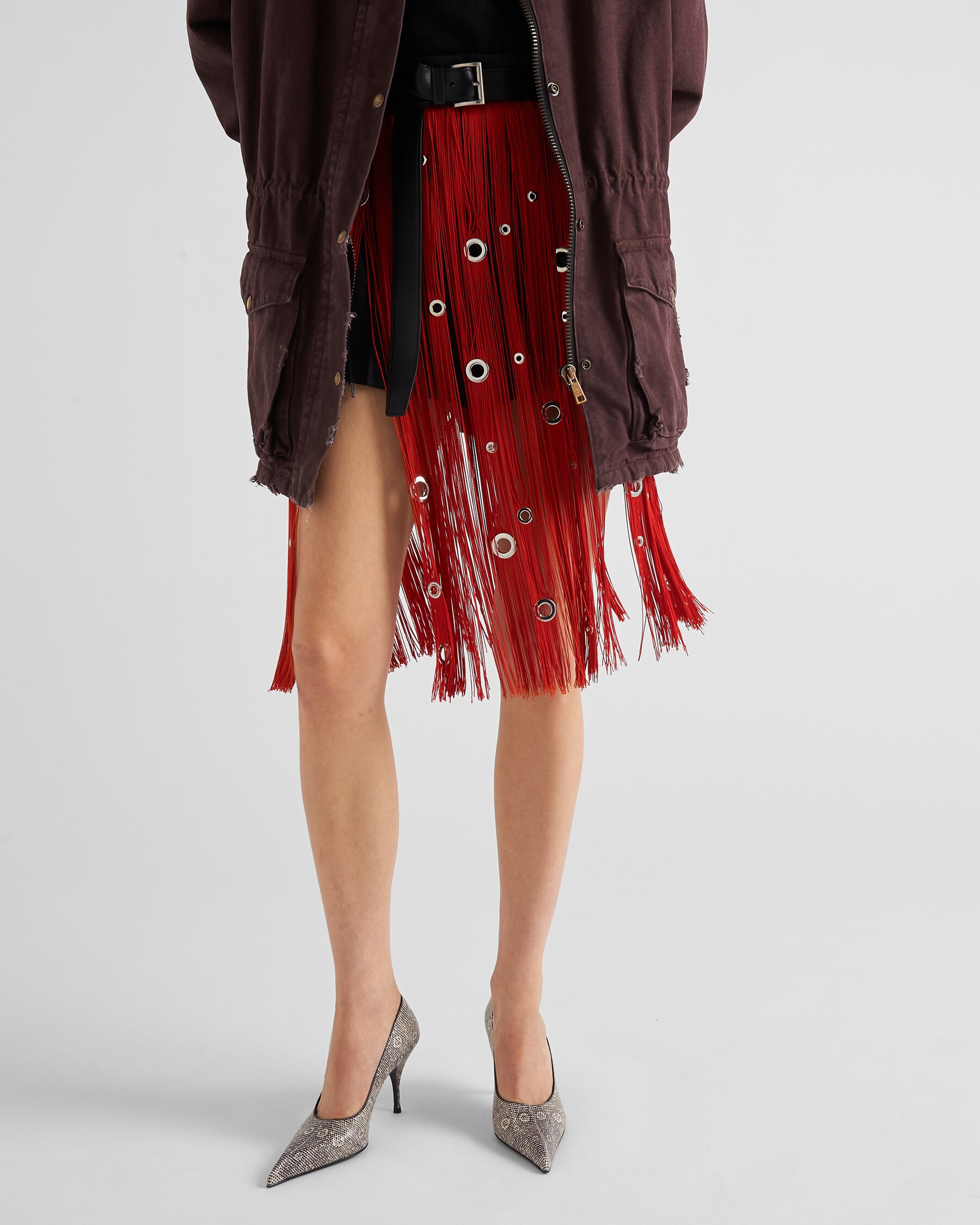 Red Midi-skirt With Fringe And Grommet Embellishment | PRADA