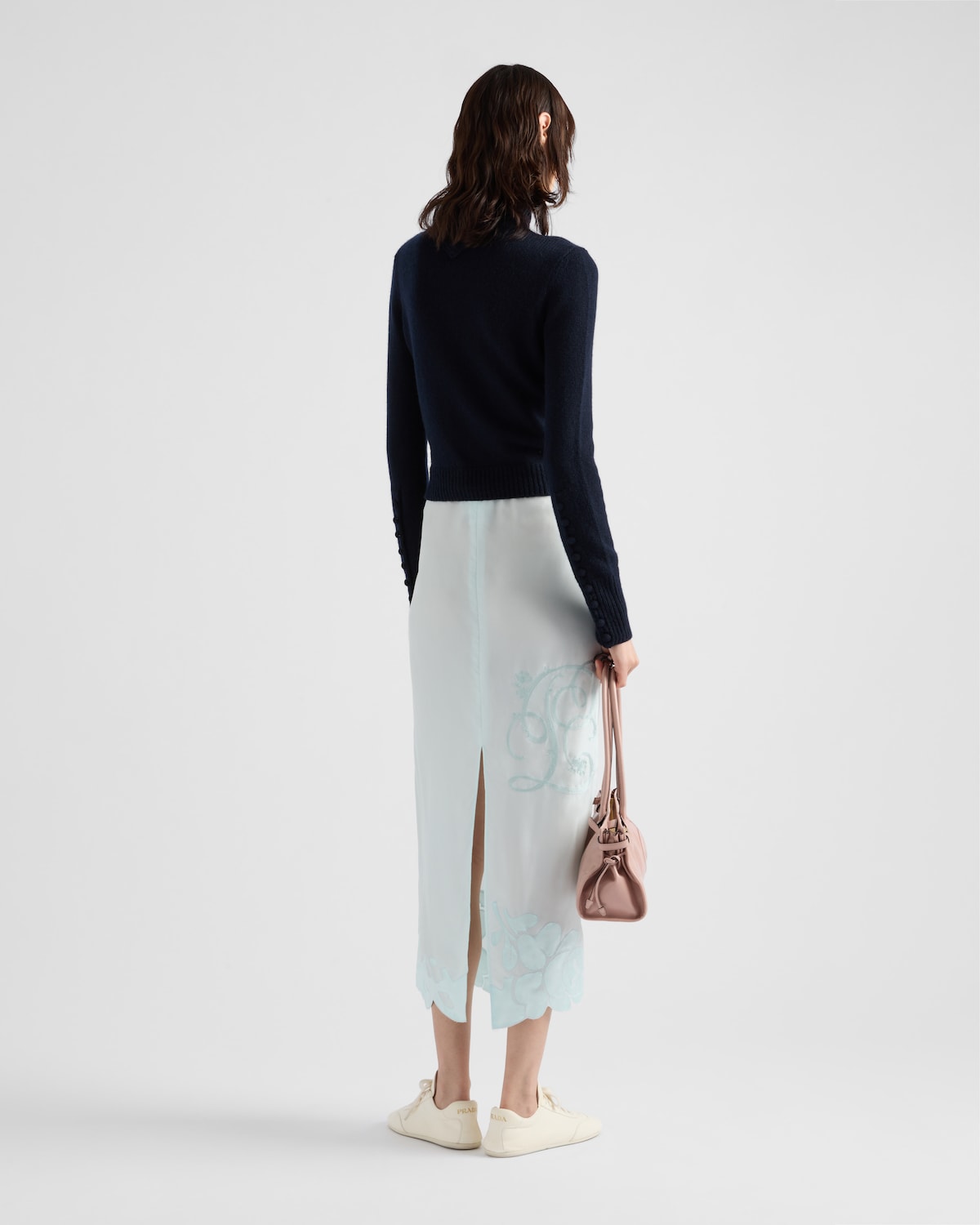 Chlorophyll Green Embroidered Habutai Silk Midi-skirt | PRADA