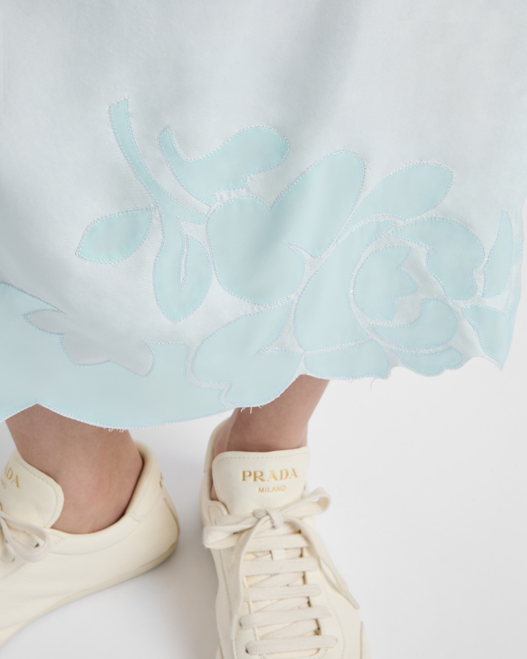 Chlorophyll Green Embroidered Habutai Silk Midi-skirt | PRADA