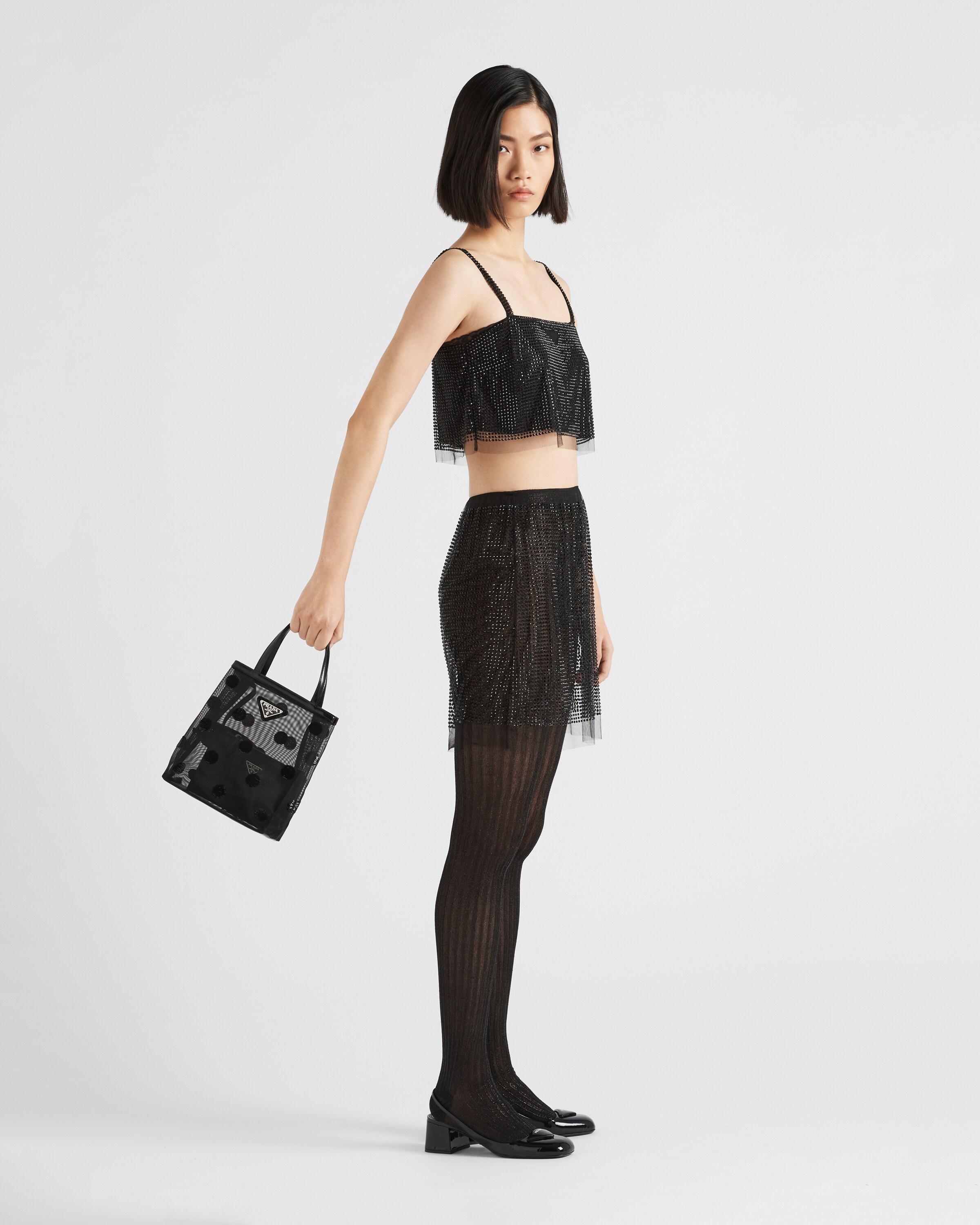Black Tulle mini skirt with crystals | Prada