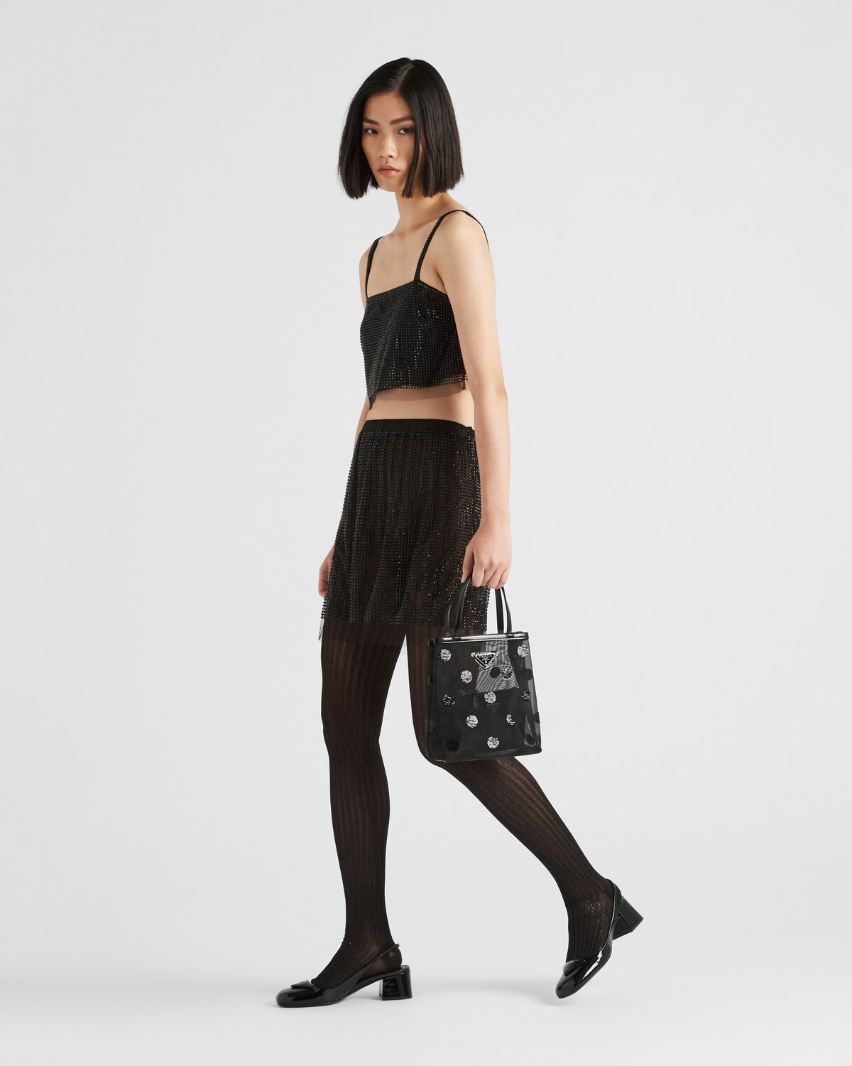 Black Tulle Mini Skirt With Crystals | PRADA