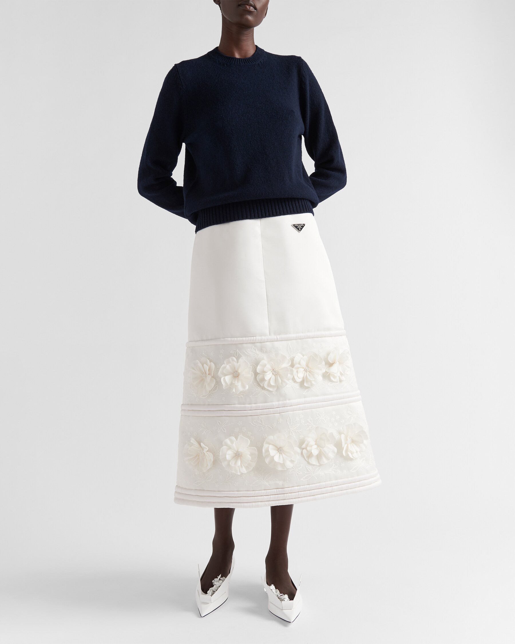 White Embroidered Organza Midi-skirt | PRADA