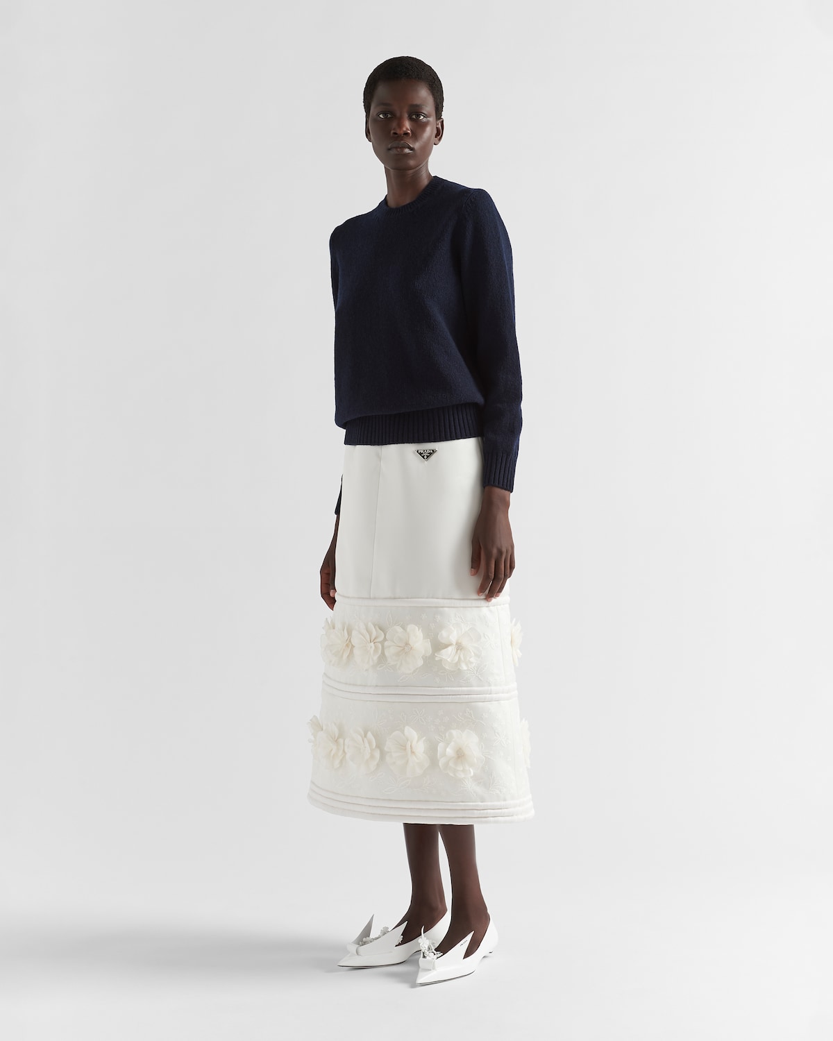 White Embroidered Organza Midi-skirt | PRADA