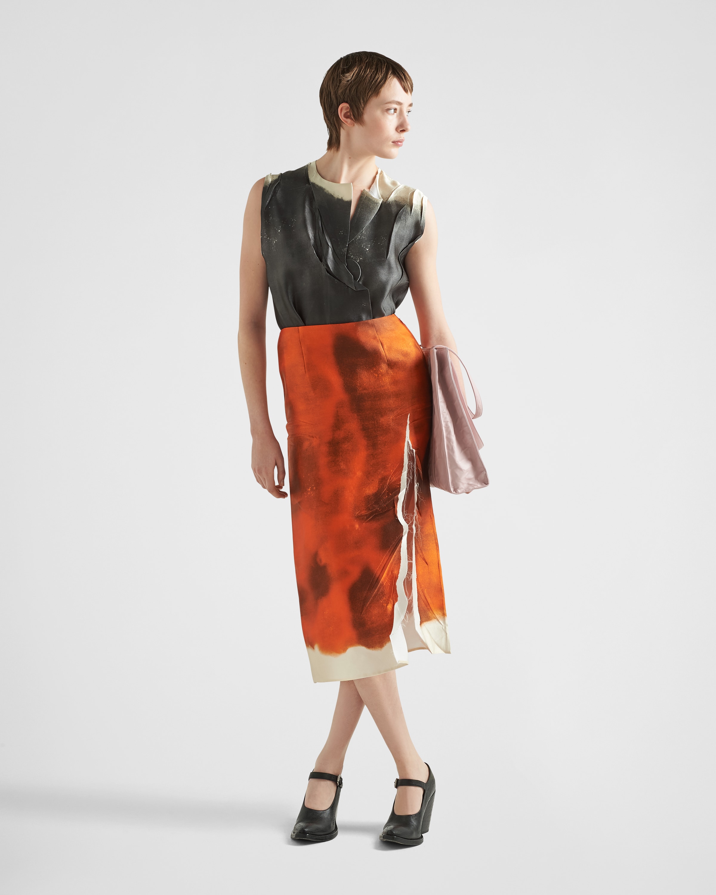Orange Printed satin midi skirt with slit | Prada