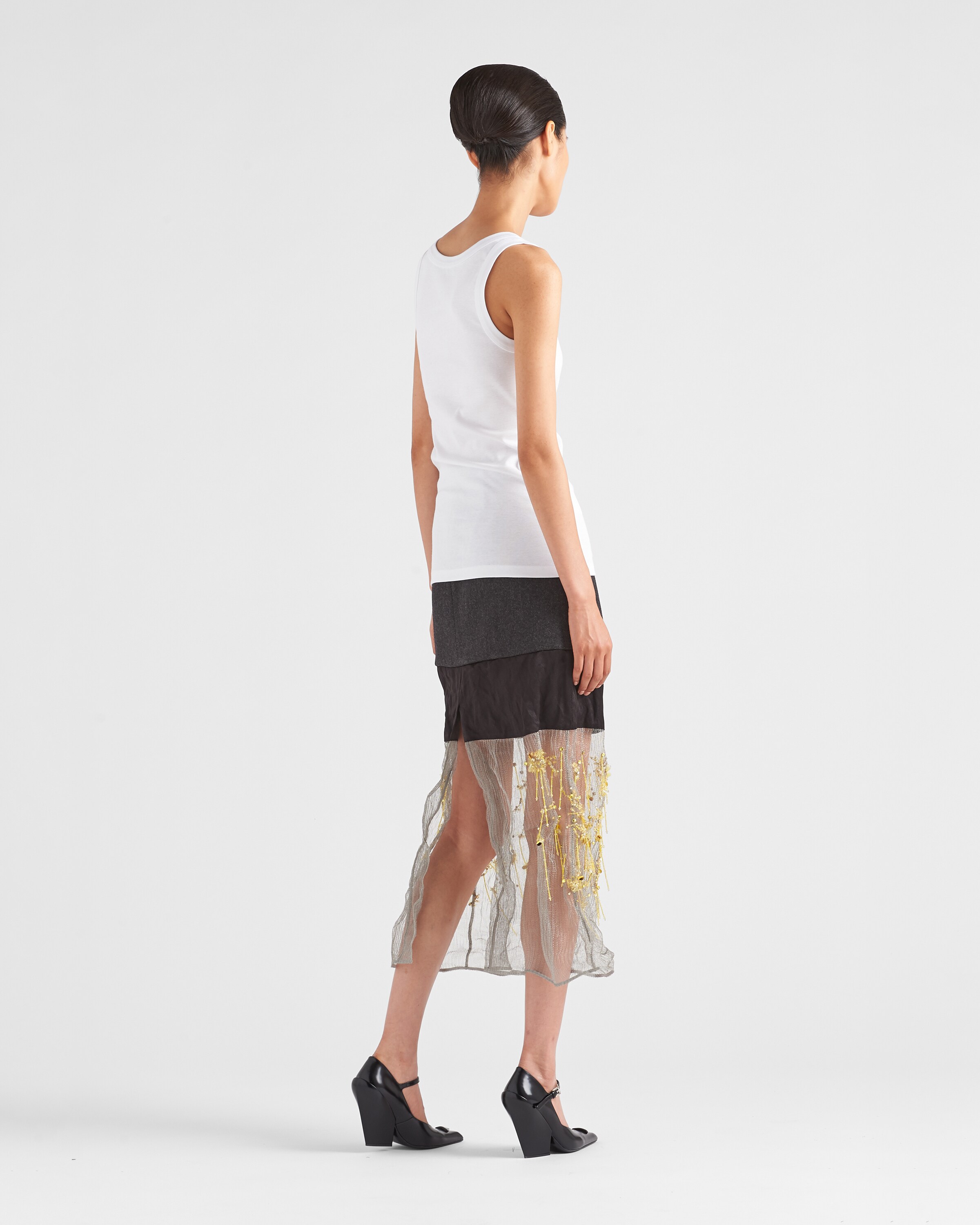 Steel Gray/slate Gray Embroidered cloth and mesh midi-skirt | Prada