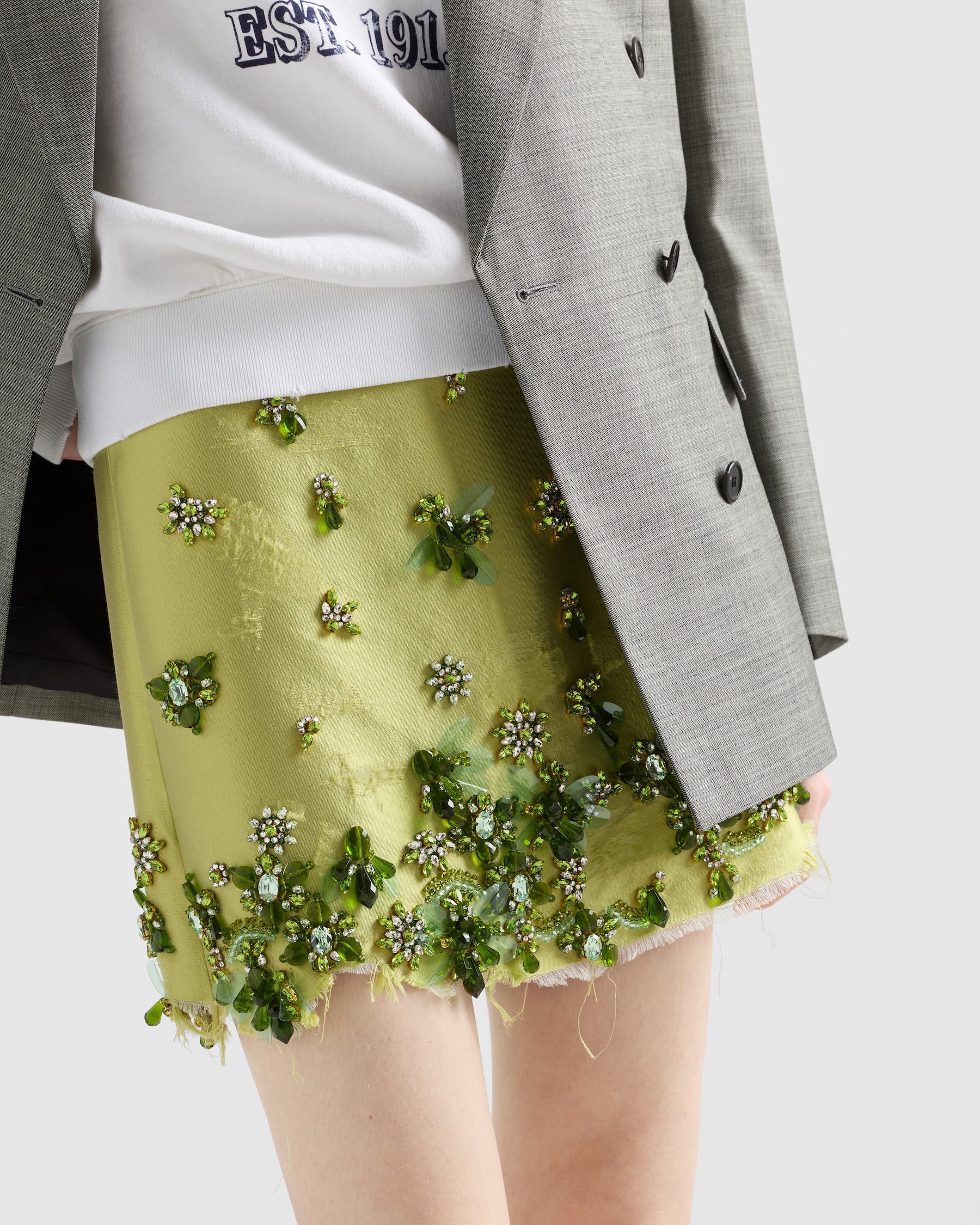 Fern Green Embroidered Silk And Wool Miniskirt | PRADA
