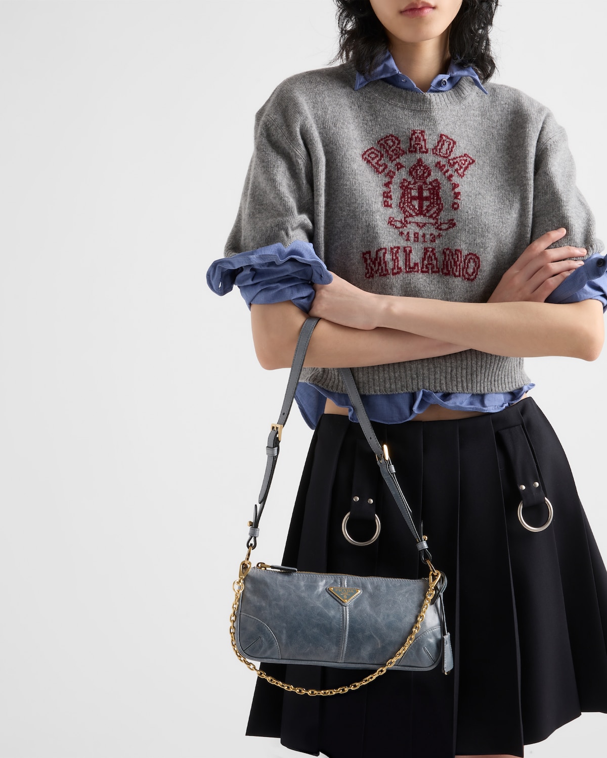 Navy Pleated Gabardine Miniskirt With Metal Rings | PRADA