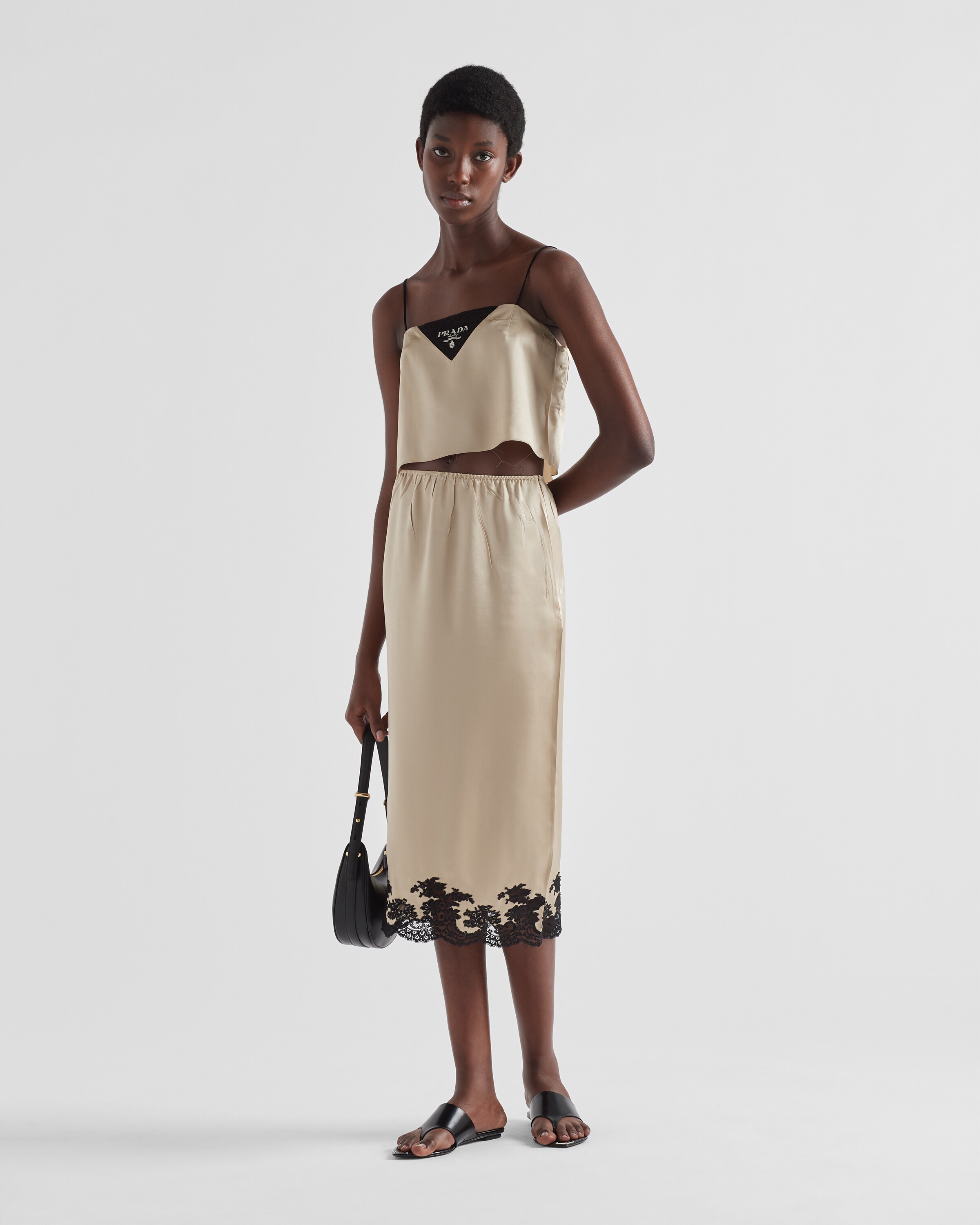 Desert Beige Satin Crepe And Lace Midi-skirt | PRADA