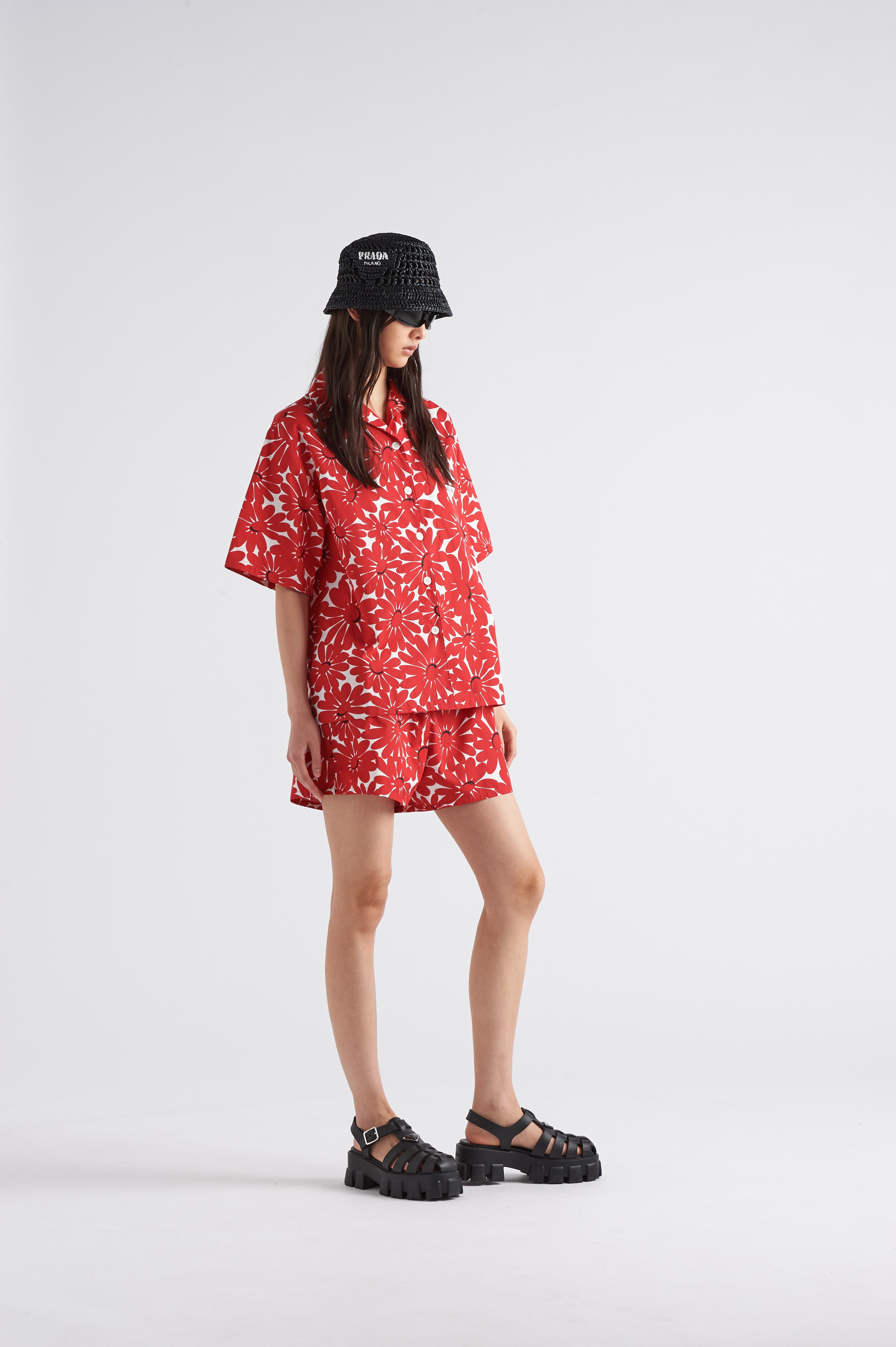 Red/white Printed poplin shorts | Prada