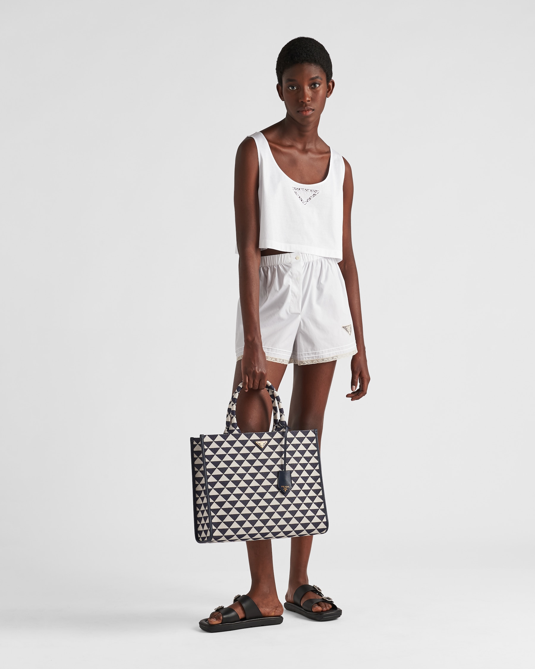 White Embroidered Poplin Shorts | PRADA