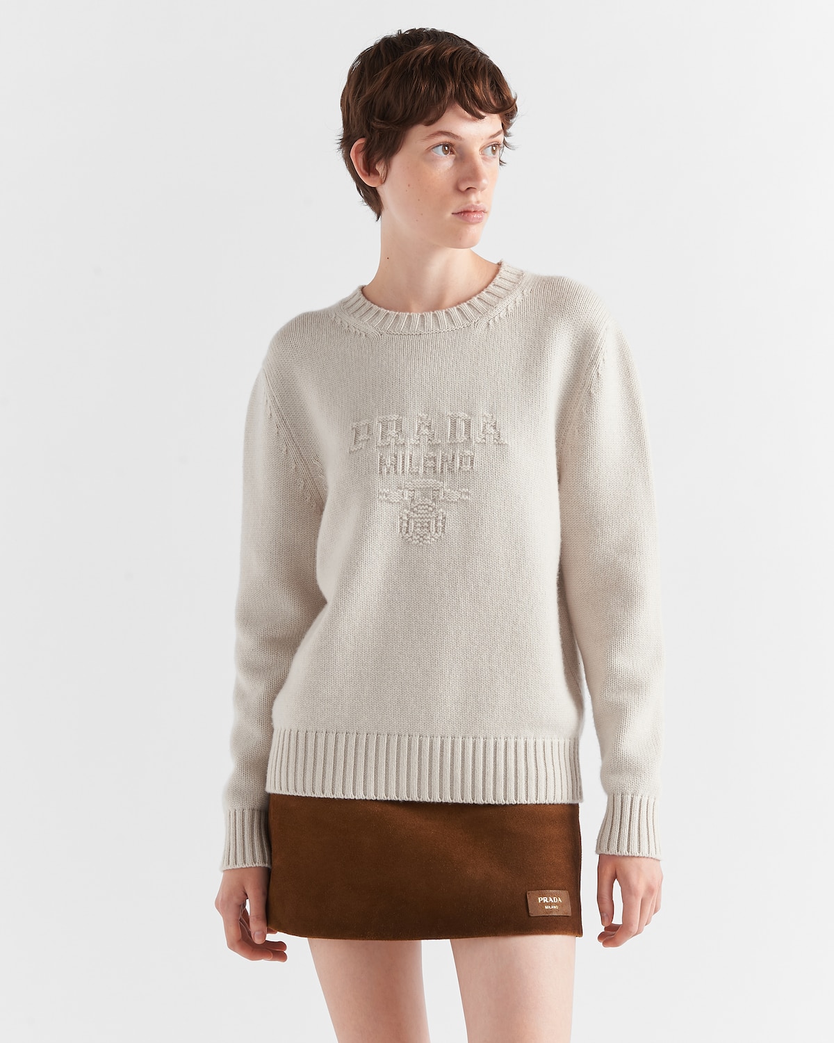 Chalk White Wool And Cashmere Crew-neck Sweater | PRADA
