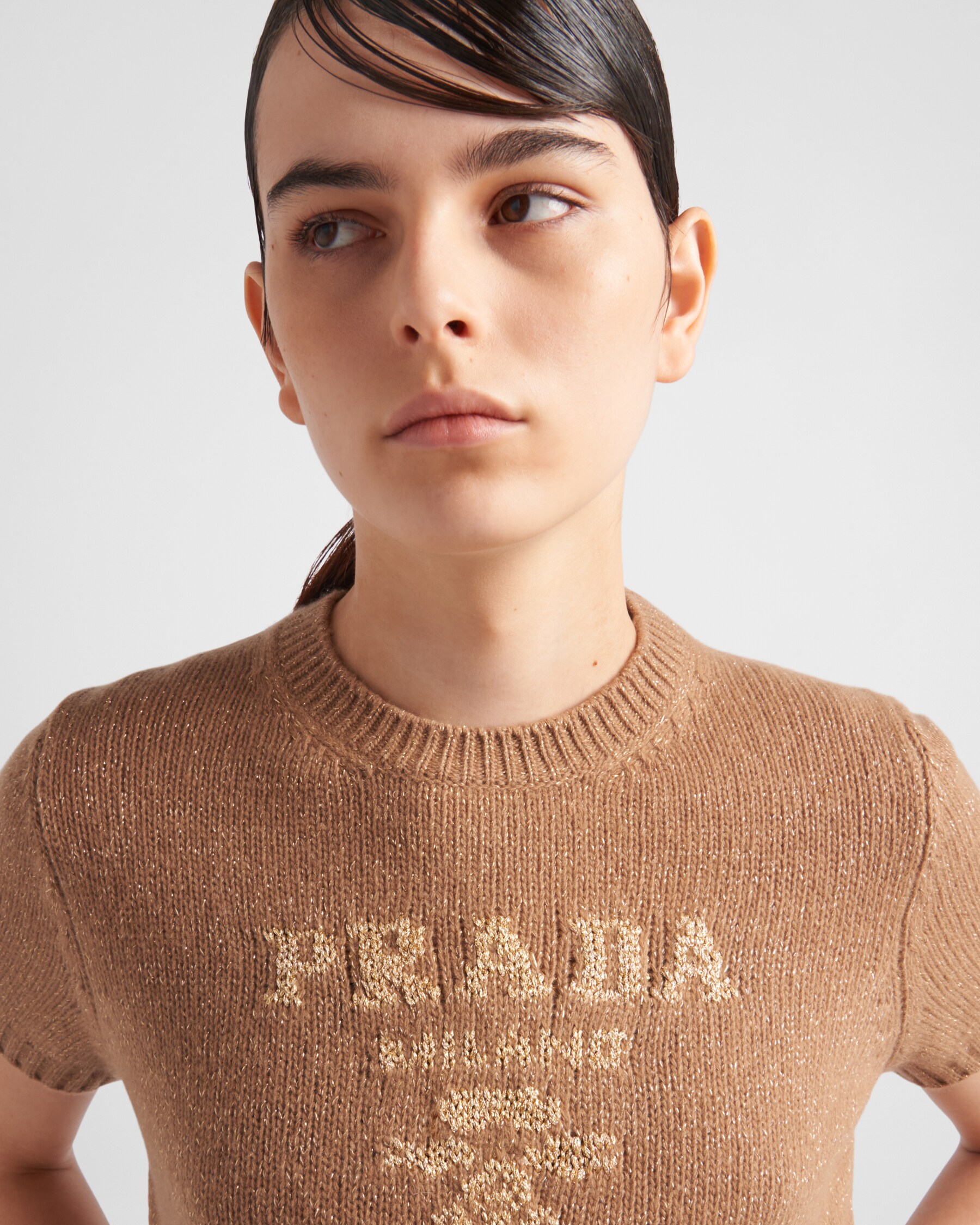 Camel/gold Wool, Cashmere And Lamé Crew-neck Sweater | PRADA