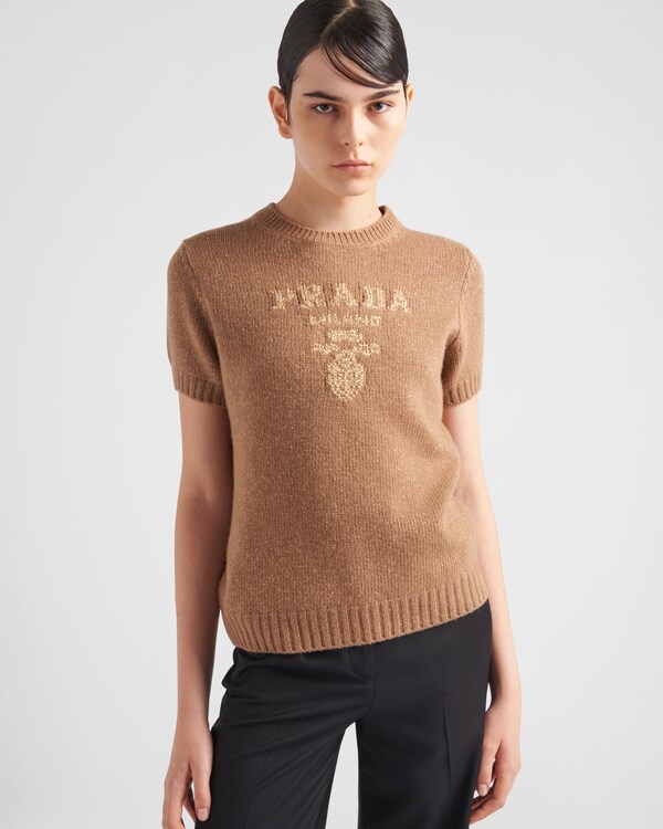 Camel/gold Wool, Cashmere And Lamé Crew-neck Sweater | PRADA