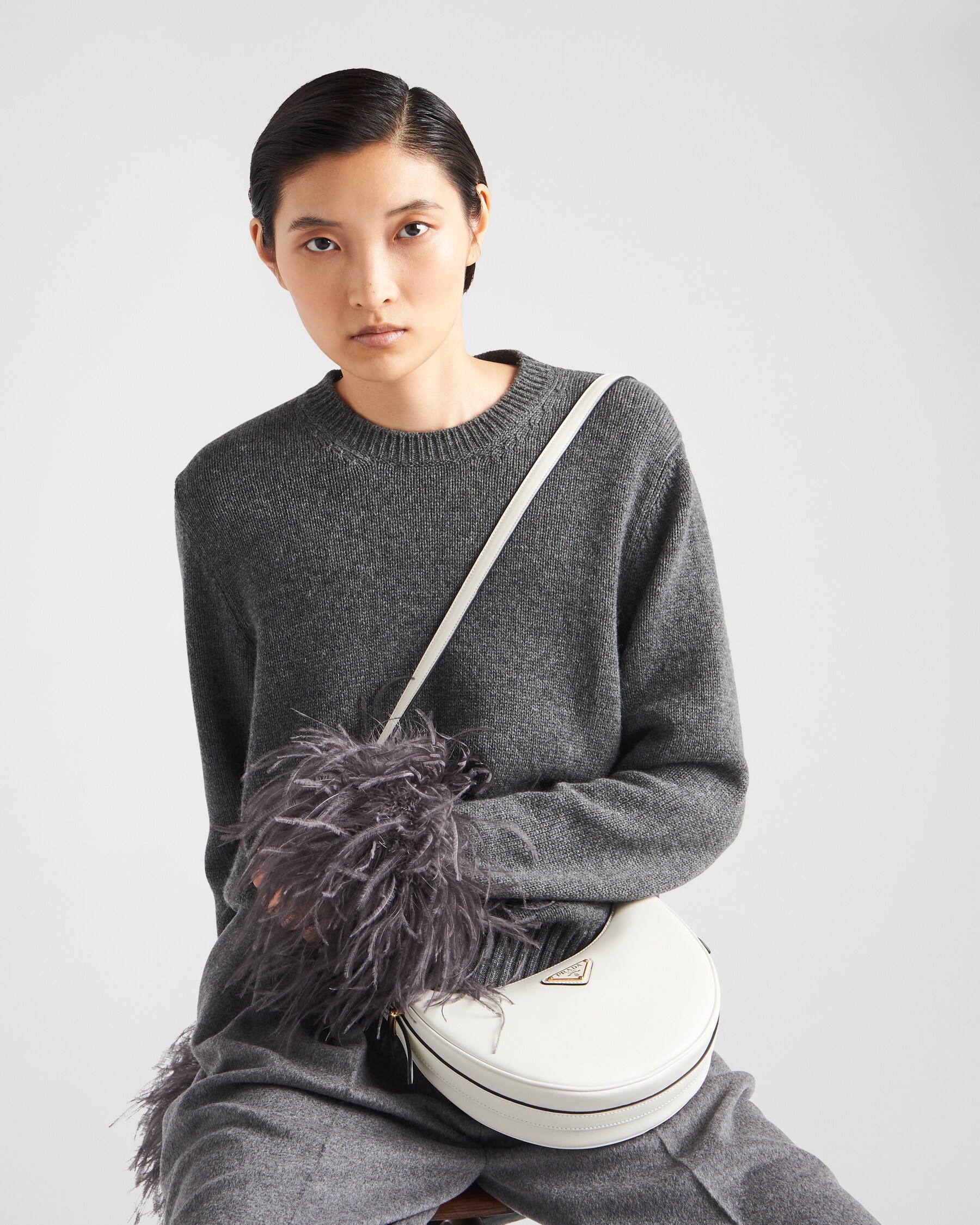 Slate Gray Feather-trimmed Cashmere Crew-neck Sweater | PRADA