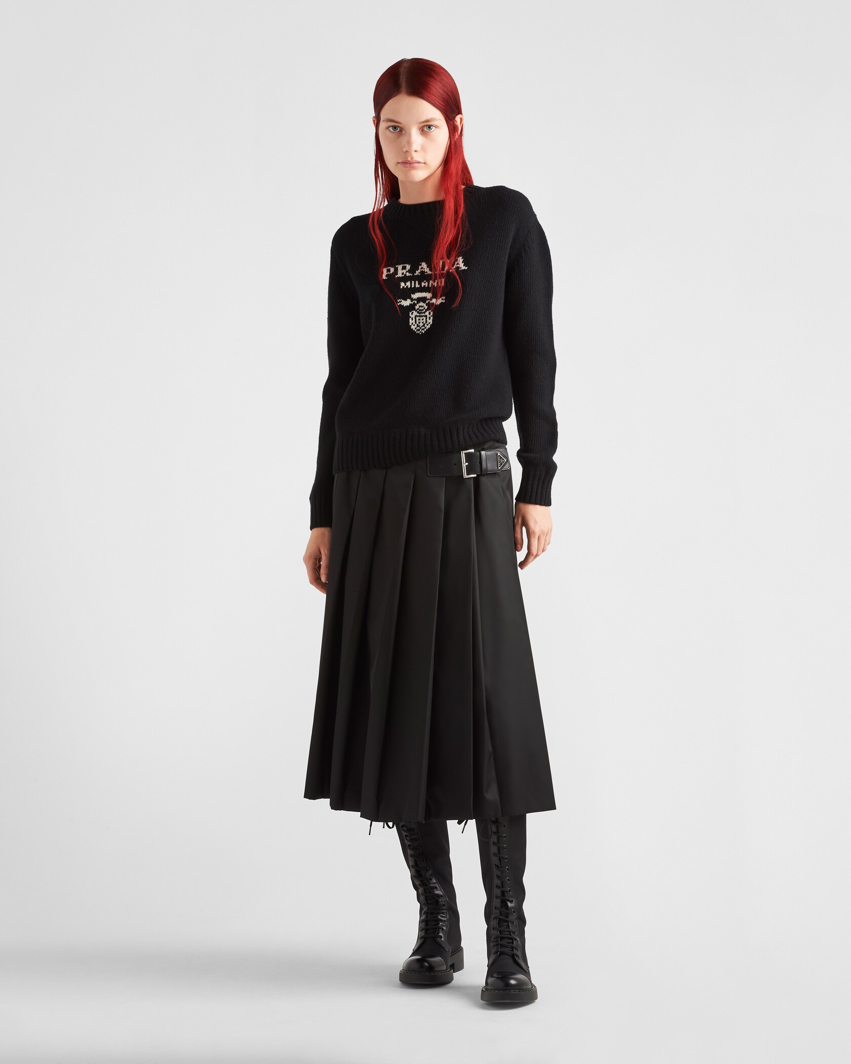 Black Cashmere And Wool Prada Logo Crew-neck Sweater | PRADA