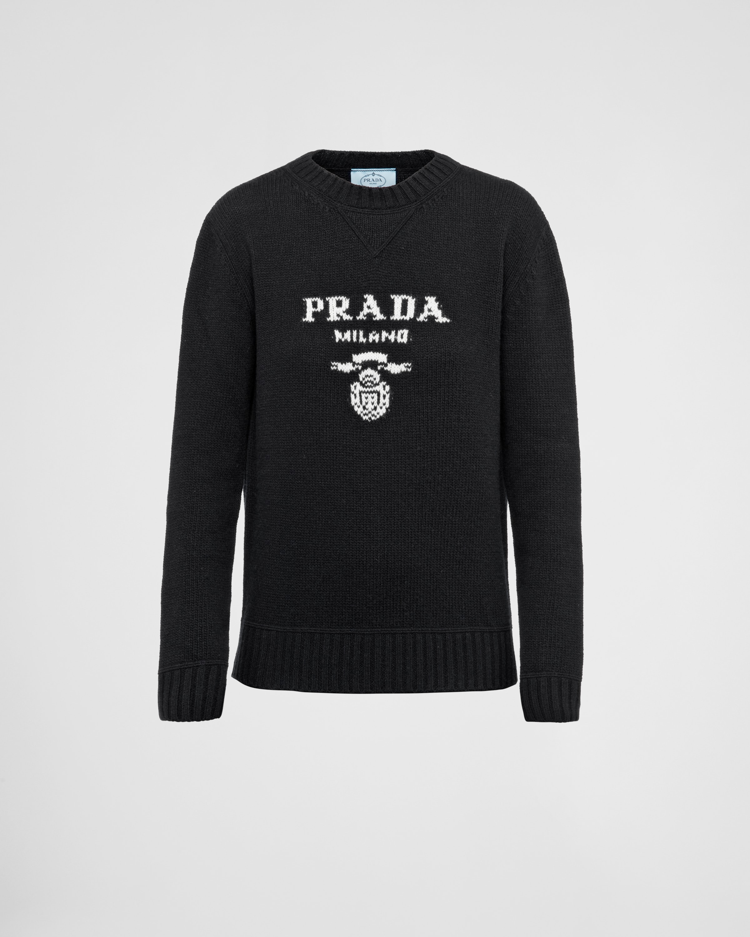 Black Cashmere And Wool Prada Logo Crew-neck Sweater | PRADA