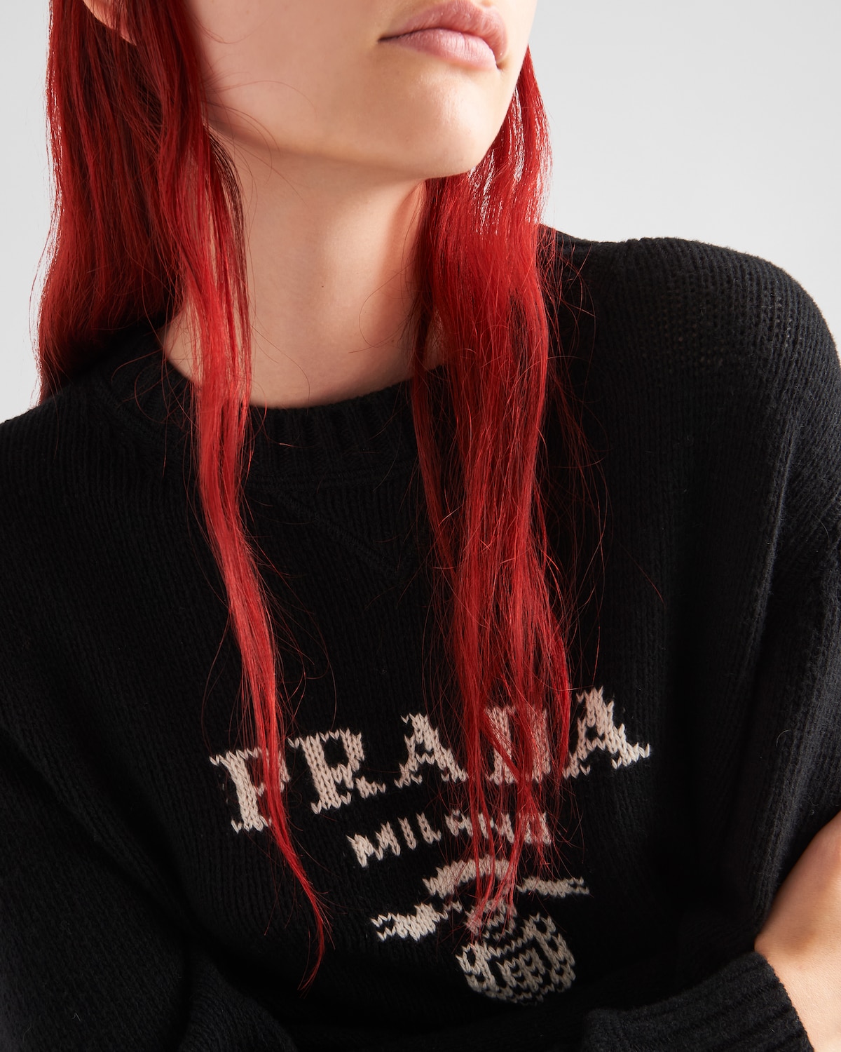 Black Cashmere And Wool Prada Logo Crew-neck Sweater | PRADA - United ...