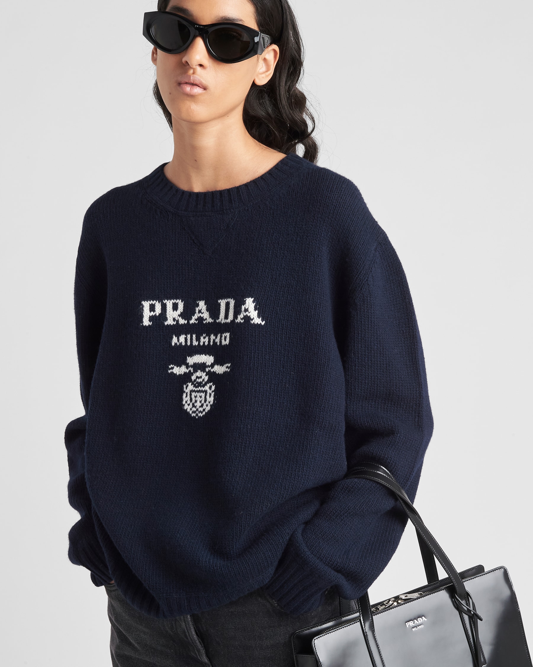 Navy Cashmere And Wool Prada Logo Crew-neck Sweater | PRADA
