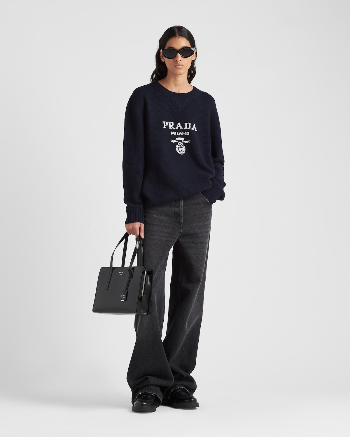 Navy Cashmere And Wool Prada Logo Crew-neck Sweater | PRADA