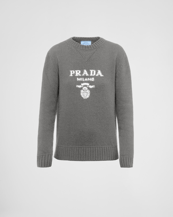 Grey Cashmere And Wool Prada Logo Crew-neck Sweater | PRADA