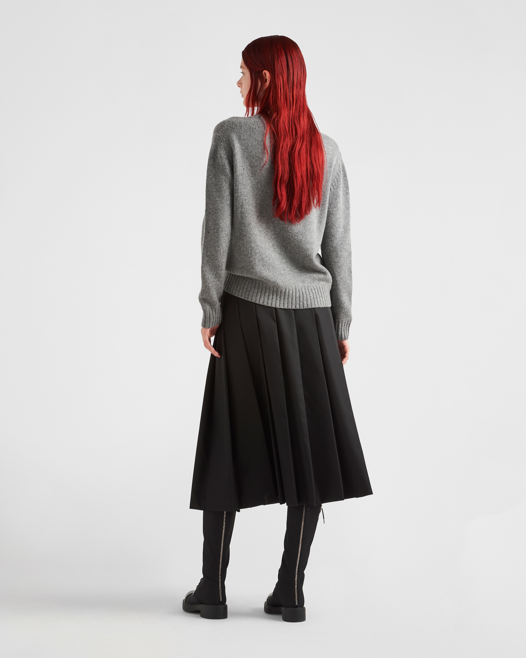 Grey Cashmere And Wool Prada Logo Crew-neck Sweater | PRADA - United States