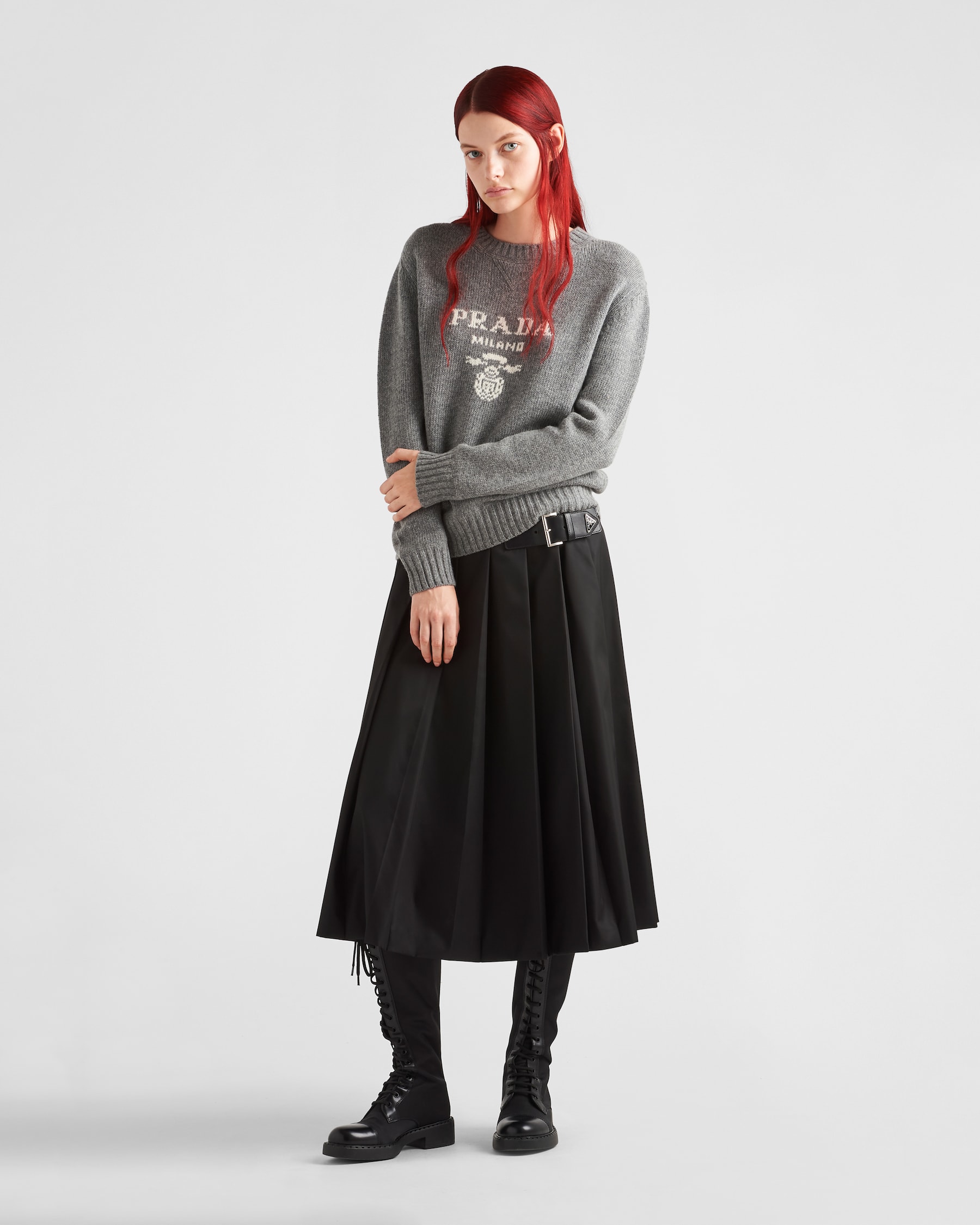 Grey Cashmere And Wool Prada Logo Crew-neck Sweater | PRADA - United States